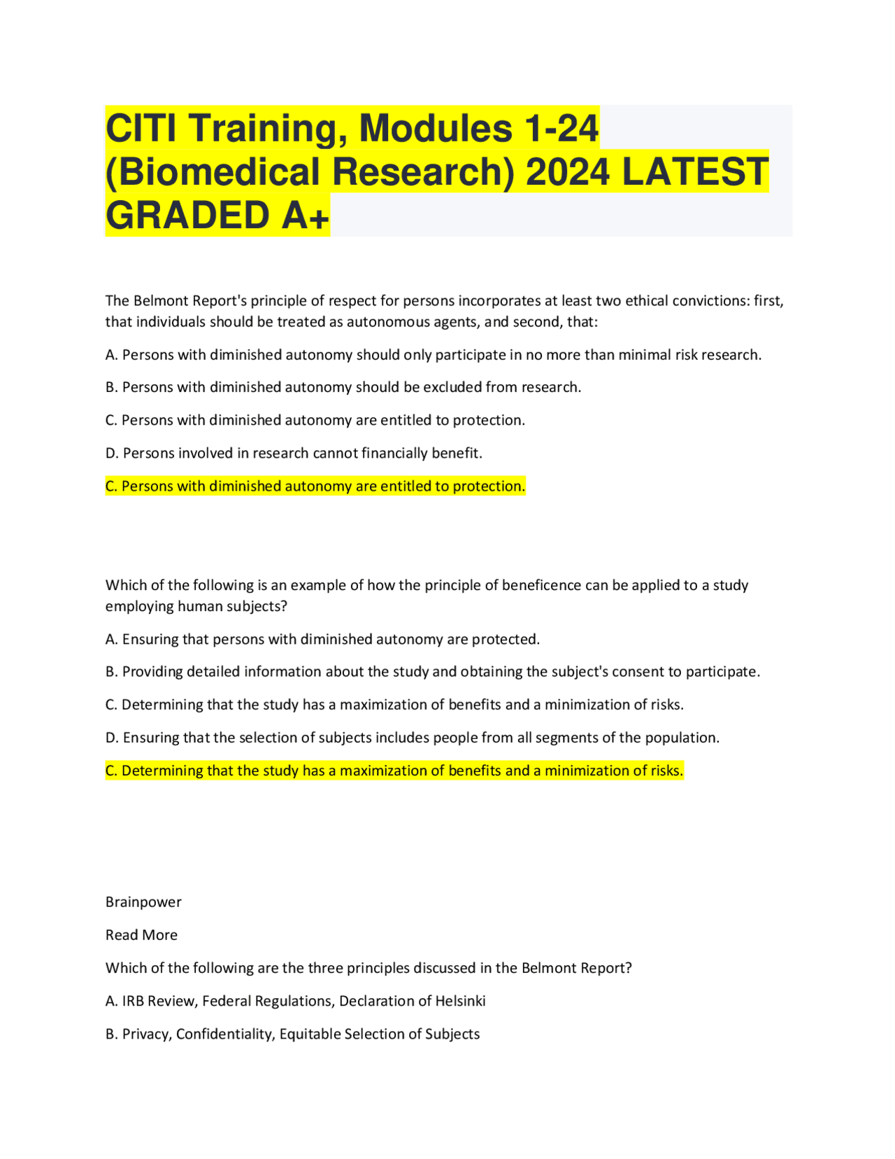 CITI Training, Modules 1-24 (Biomedical Research) 2024 LATEST GRADED A+ ...