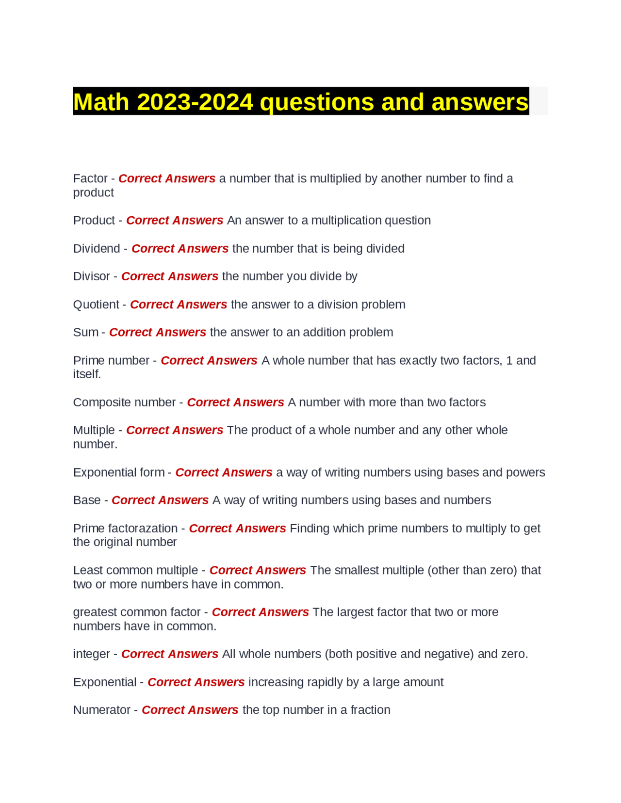 Math 2023-2024 questions and answers | Exams Mathematics | Docsity