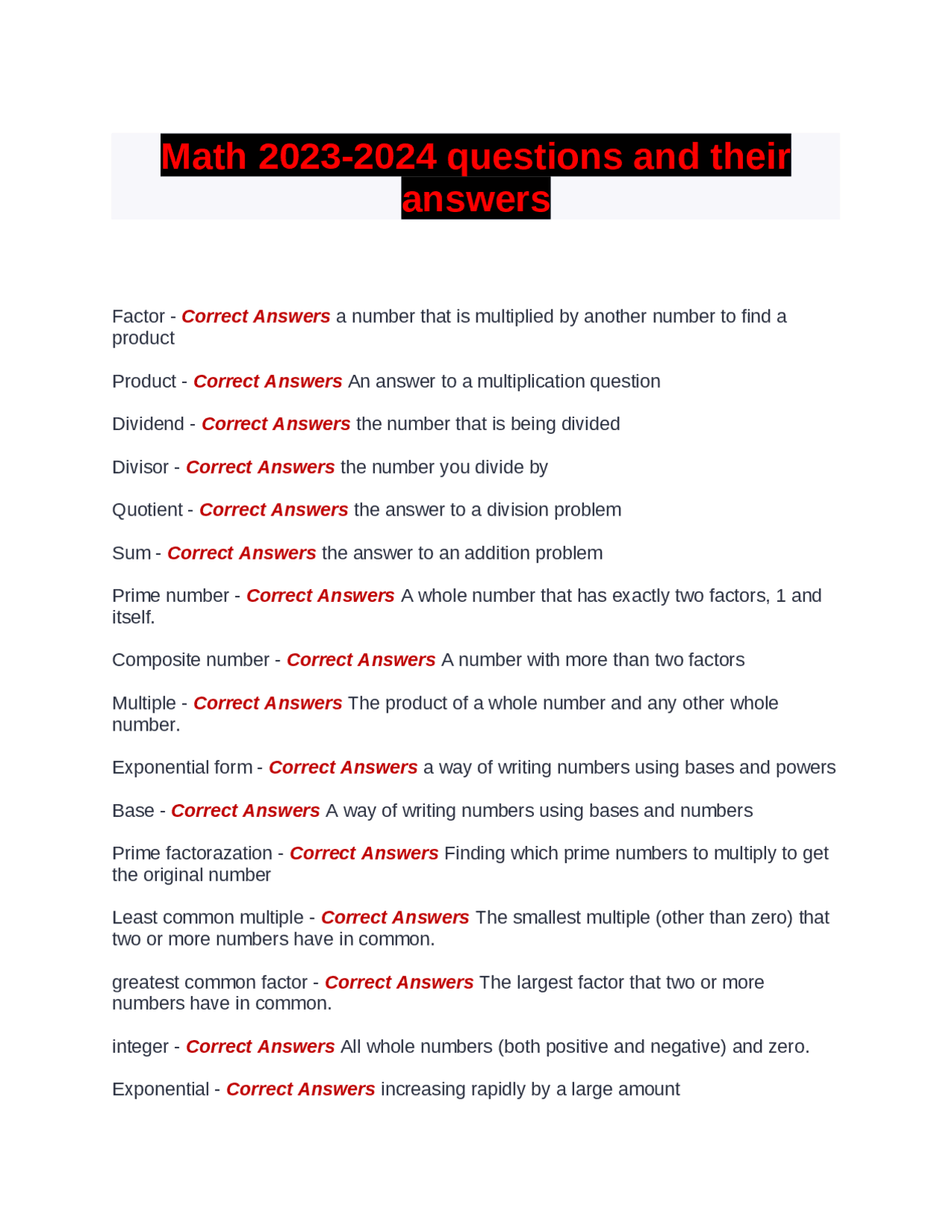Math 2023-2024 questions and their answers | Exams Mathematics | Docsity