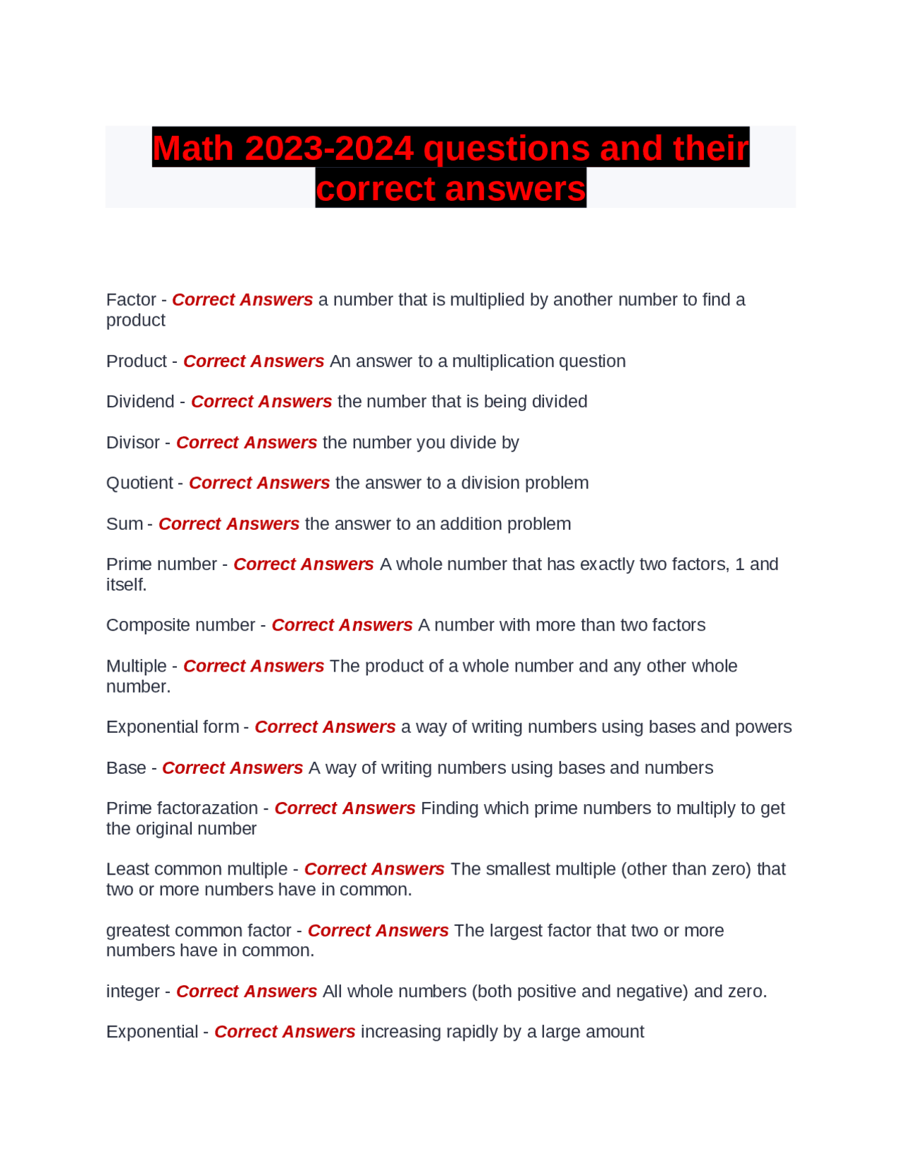 Math 2023-2024 questions and their correct answers | Exams Mathematics ...