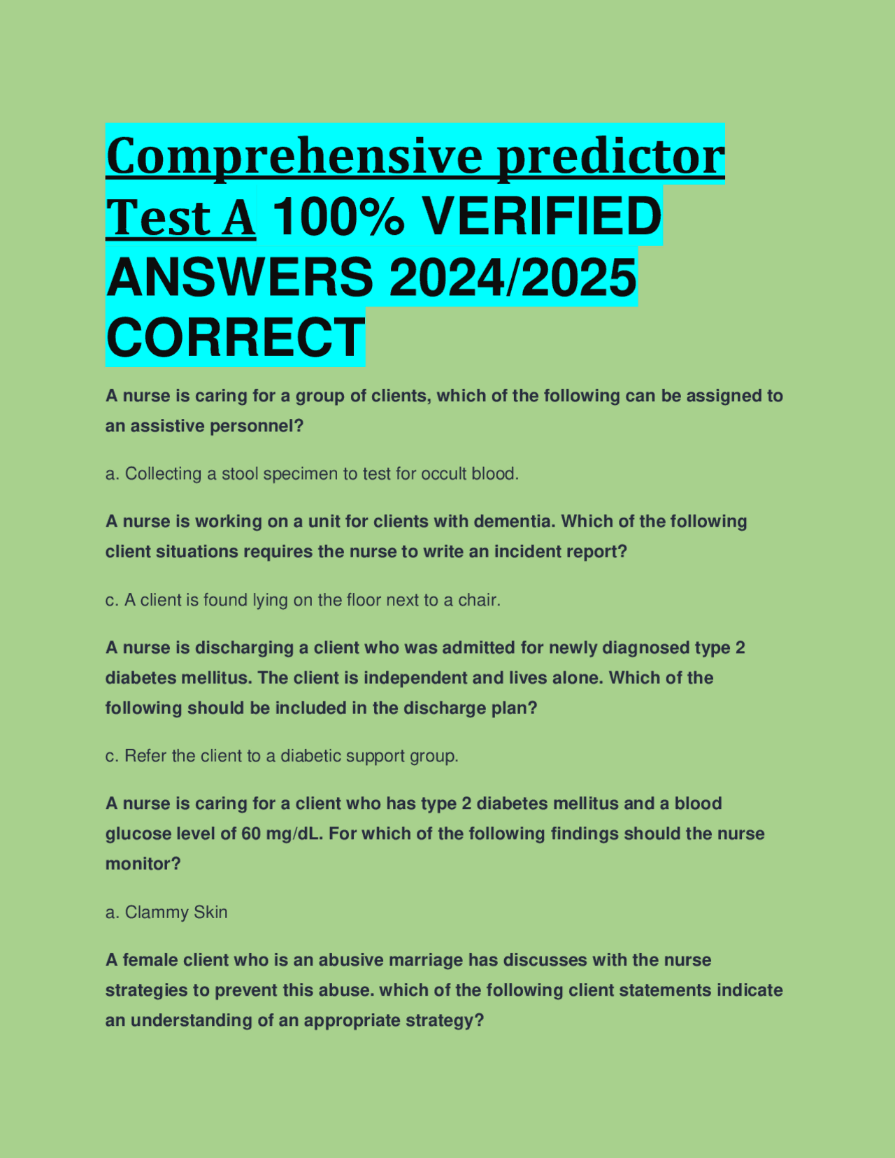 Comprehensive predictor Test A 100% VERIFIED ANSWERS 2024/2025 CORRECT ...