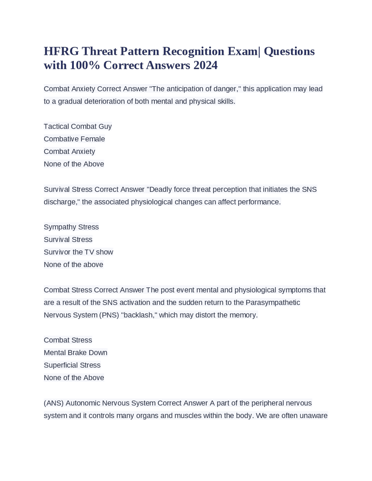 HFRG Threat Pattern Recognition Exam| Questions with 100% Correct ...