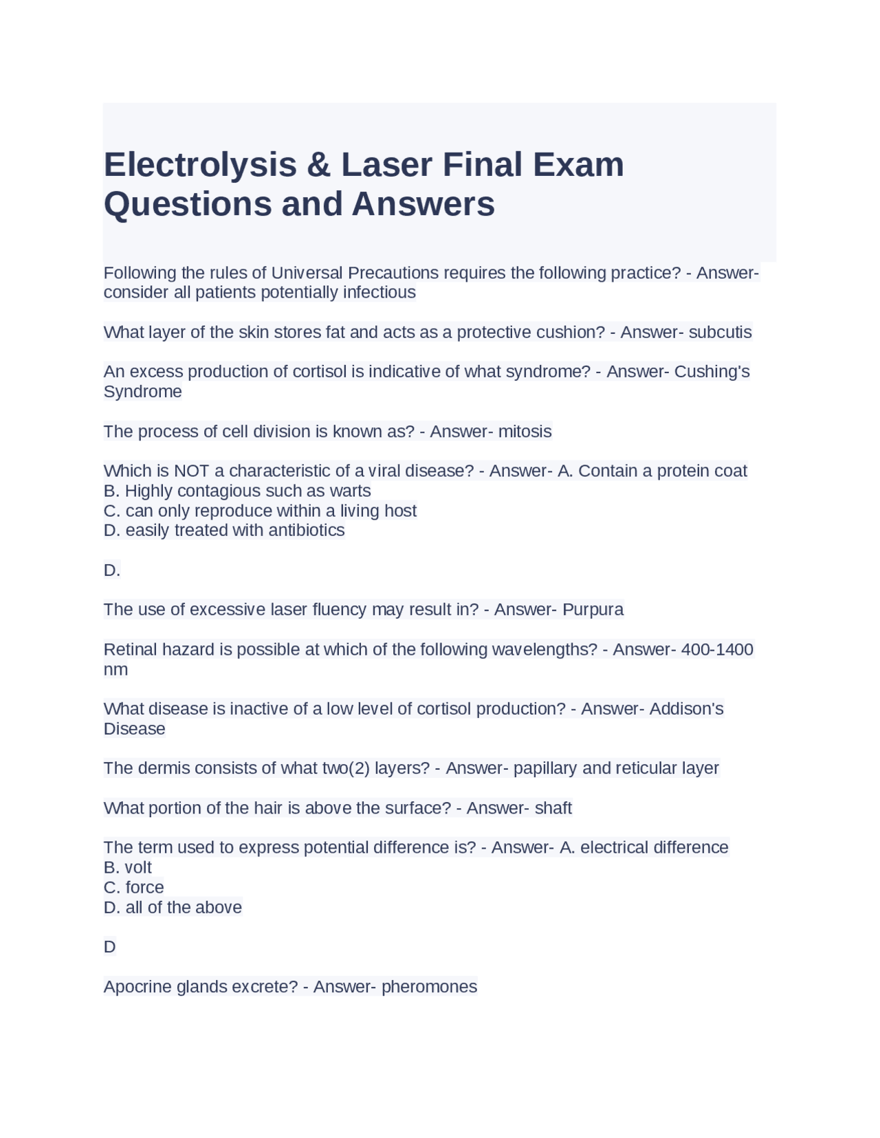 Electrolysis & Laser Final Exam Questions and Answers | Exams Nursing ...