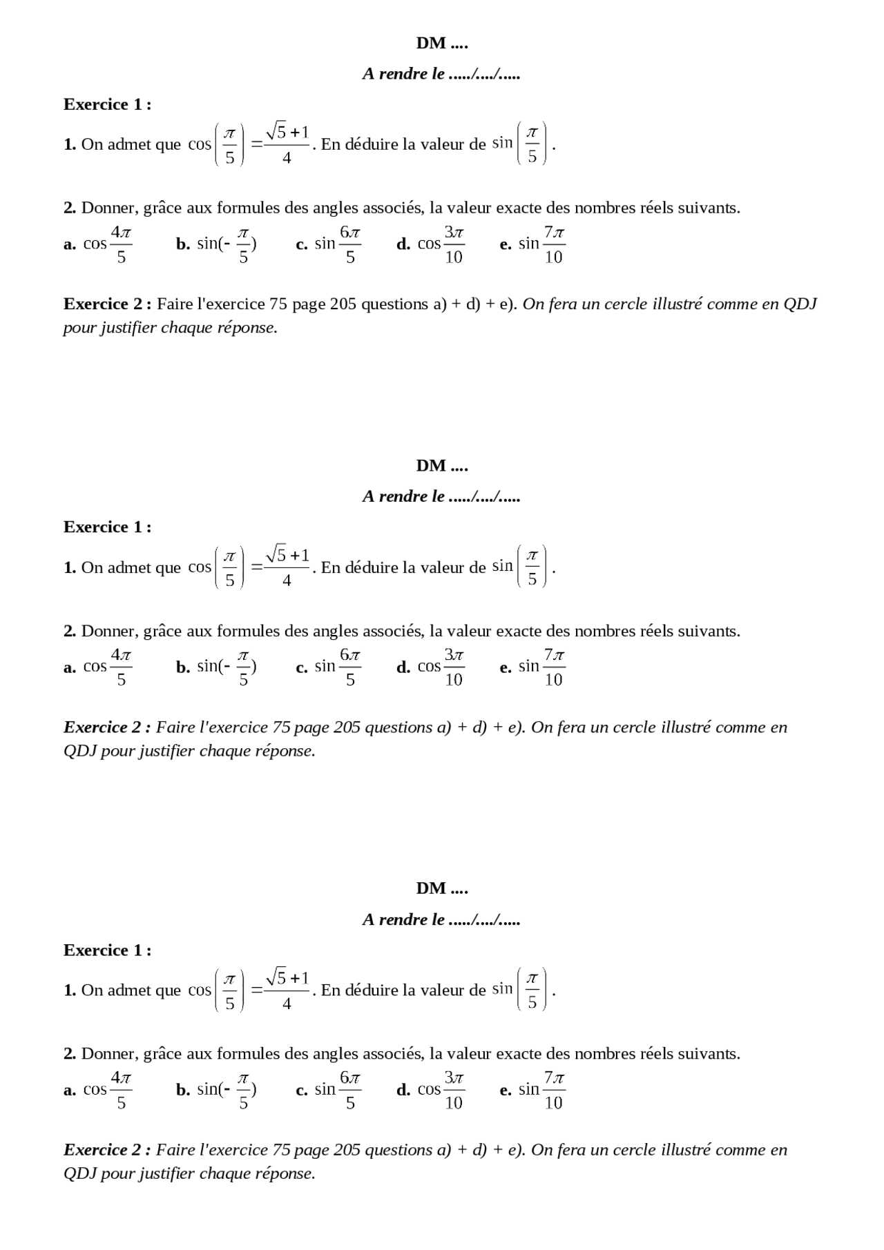 Devoir maison trigonométrie | Exercices Mathématiques | Docsity