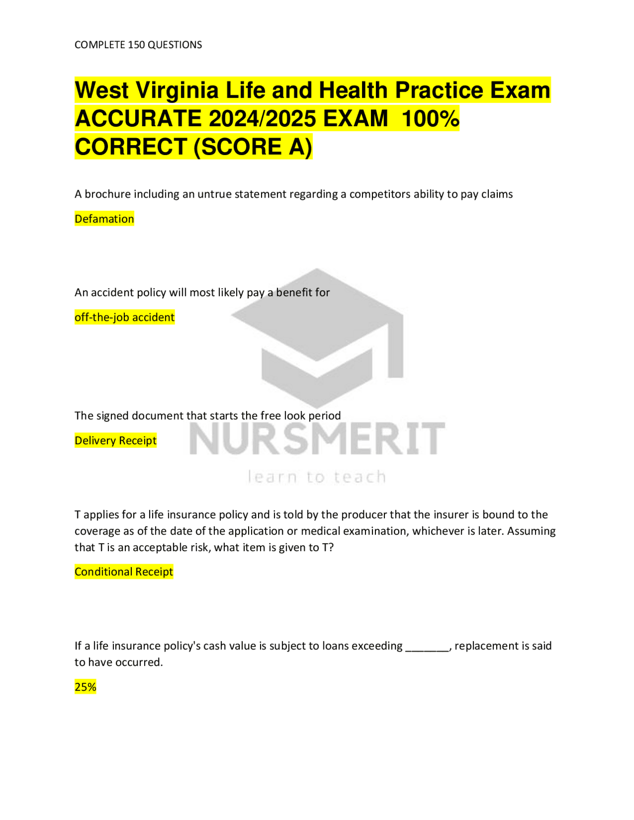 West Virginia Life and Health Practice Exam ACCURATE 2024/2025 EXAM 100 ...