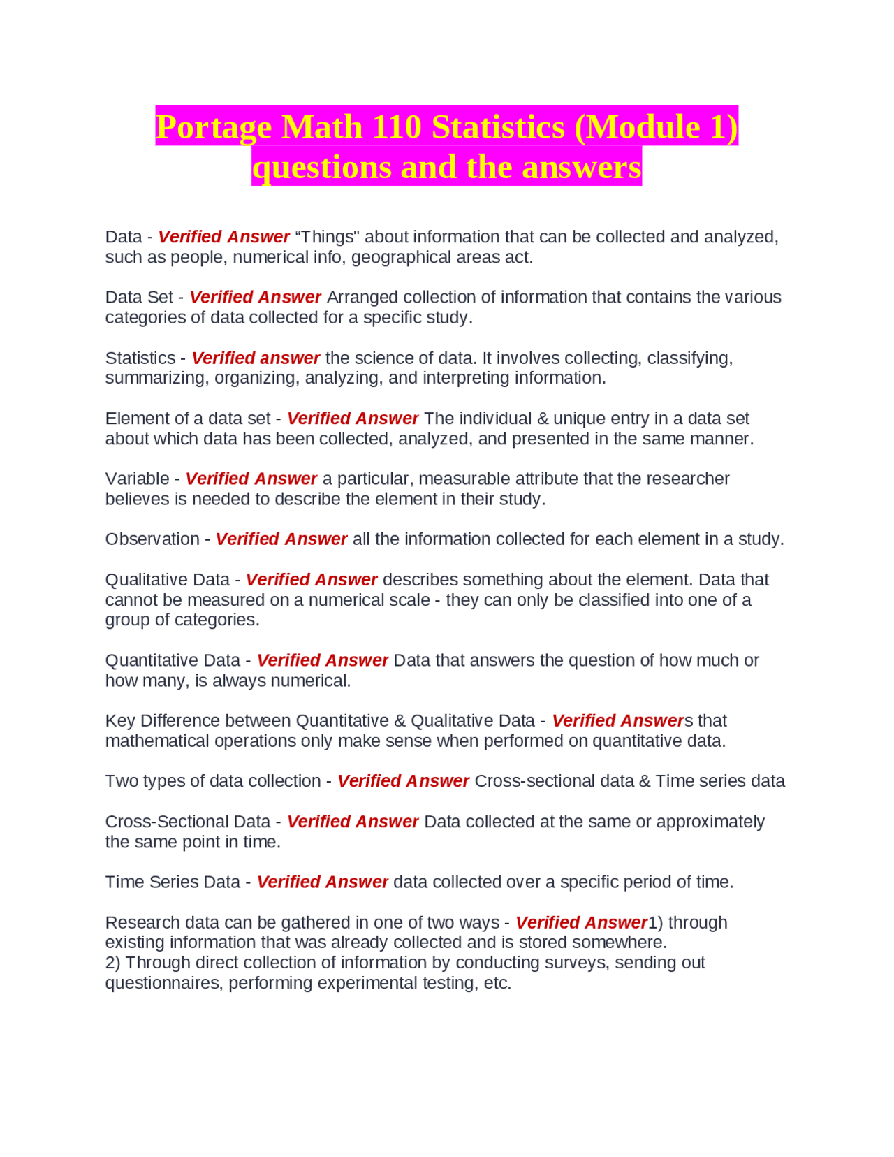 Portage Math 110 Statistics (Module 1) questions and the answers ...