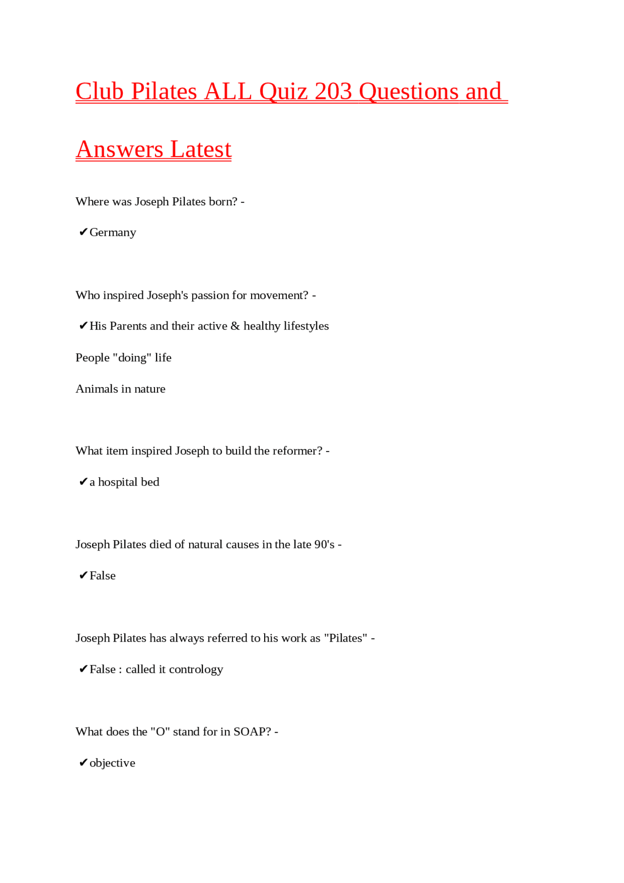 Club Pilates ALL Quiz 203 Questions and Answers Latest. | Exams Nursing ...