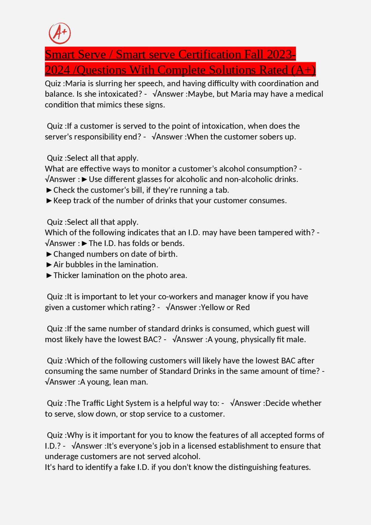 Smart Serve / Smartserve Certification Fall 2023-2024 /Questions With ...