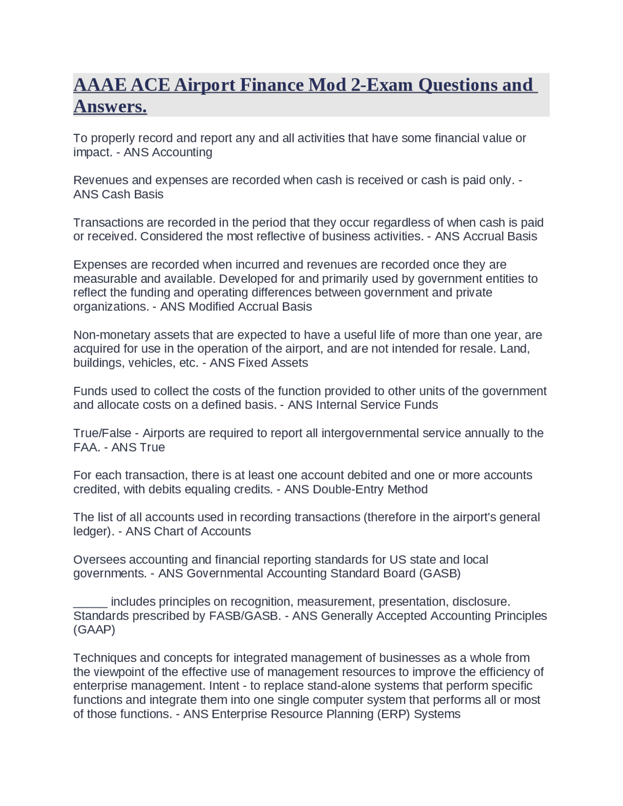 AAAE ACE Airport Finance Mod 2-Exam Questions and Answers. | Exams ...