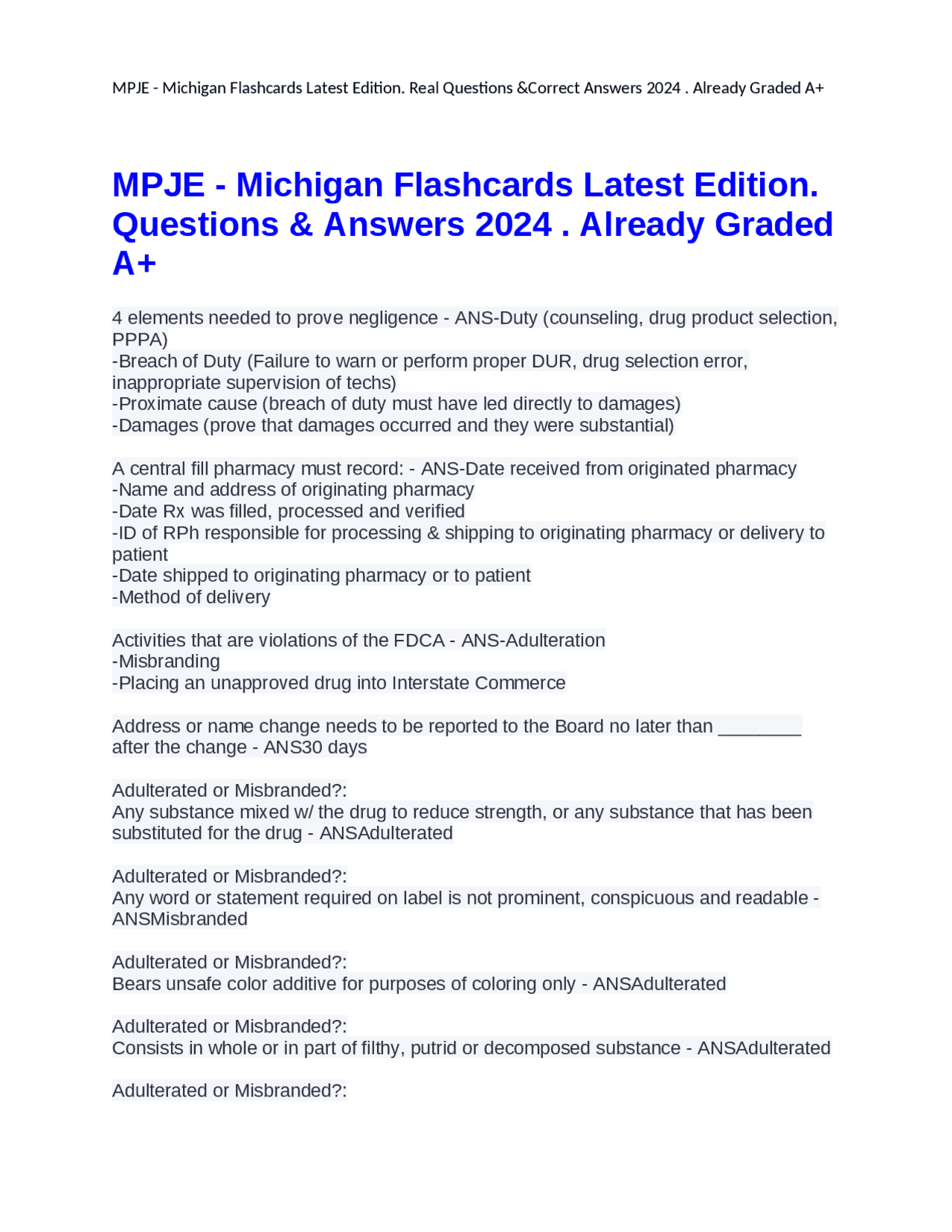 MPJE - Michigan Flashcards Latest Edition. Questions & Answers 2024 ...