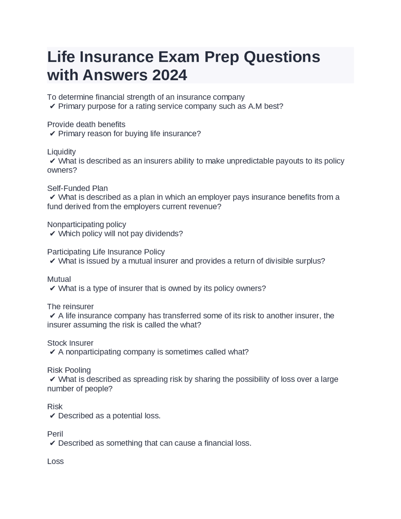 Life Insurance Exam Prep Questions with Answers 2024 | Exams Law | Docsity