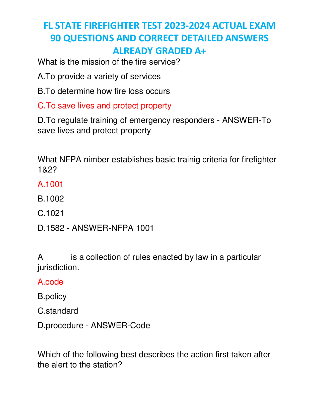 FL STATE FIREFIGHTER TEST 2023-2024 ACTUAL EXAM 90 QUESTIONS AND ...