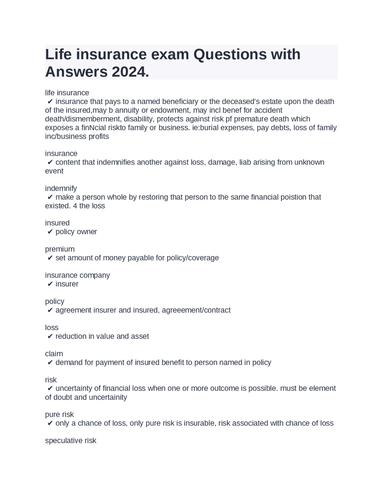 Life insurance exam Questions with Answers 2024. | Exams Law | Docsity