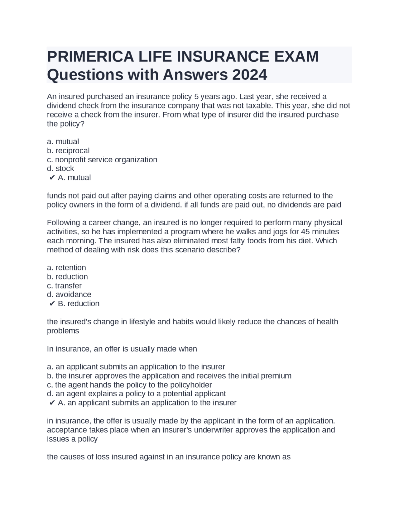 PRIMERICA LIFE INSURANCE EXAM Questions with Answers 2024 | Exams Law ...