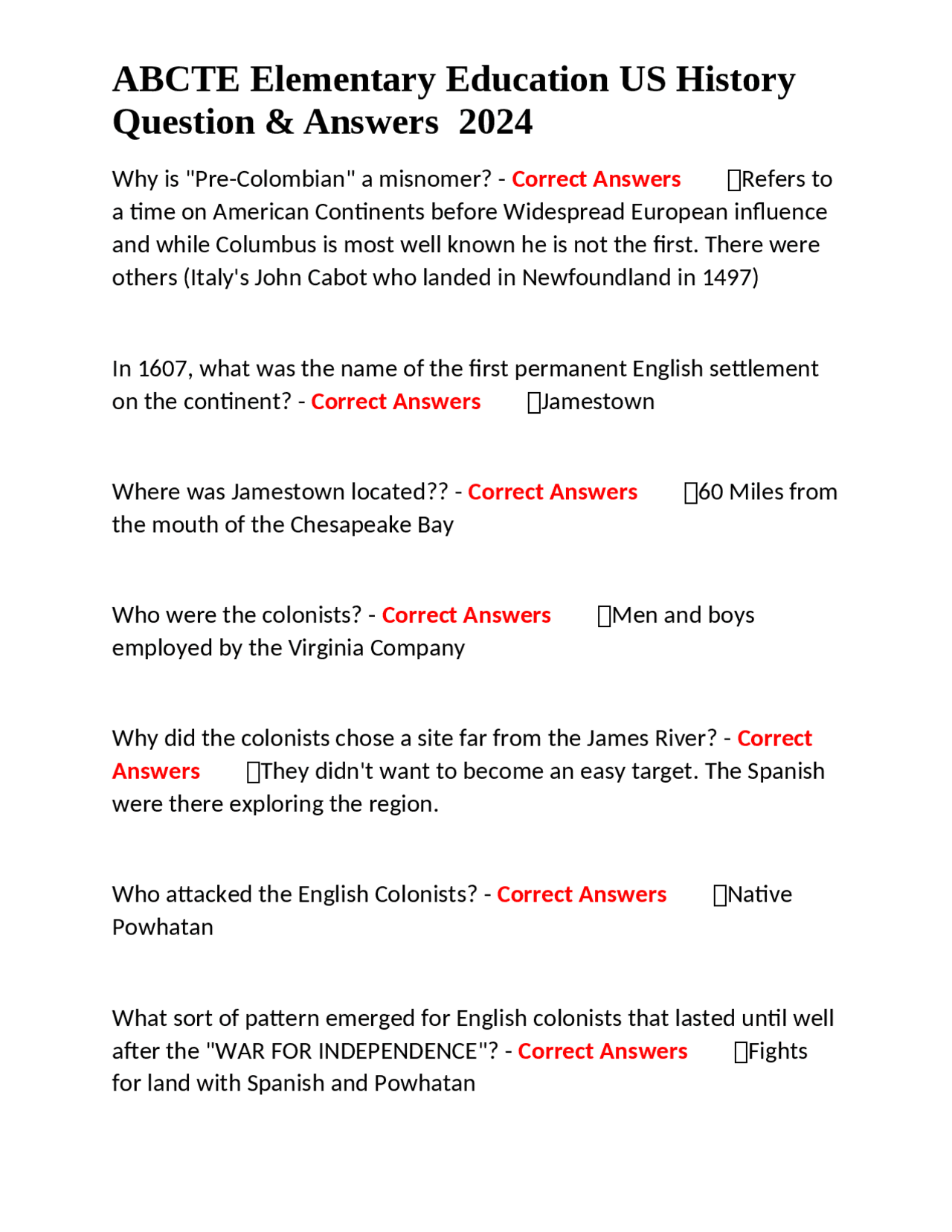 ABCTE Elementary Education US History Question & Answers 2024 | Exams ...