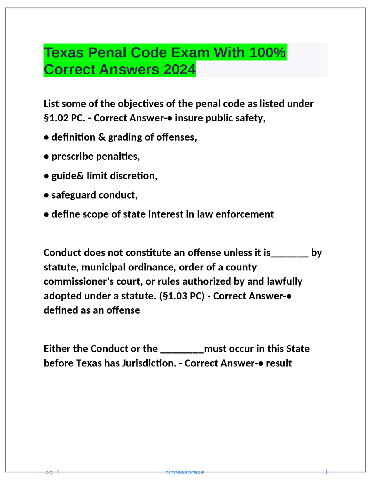 Texas Penal Code Exam With 100% Correct Answers 2024 | Exams Advanced ...