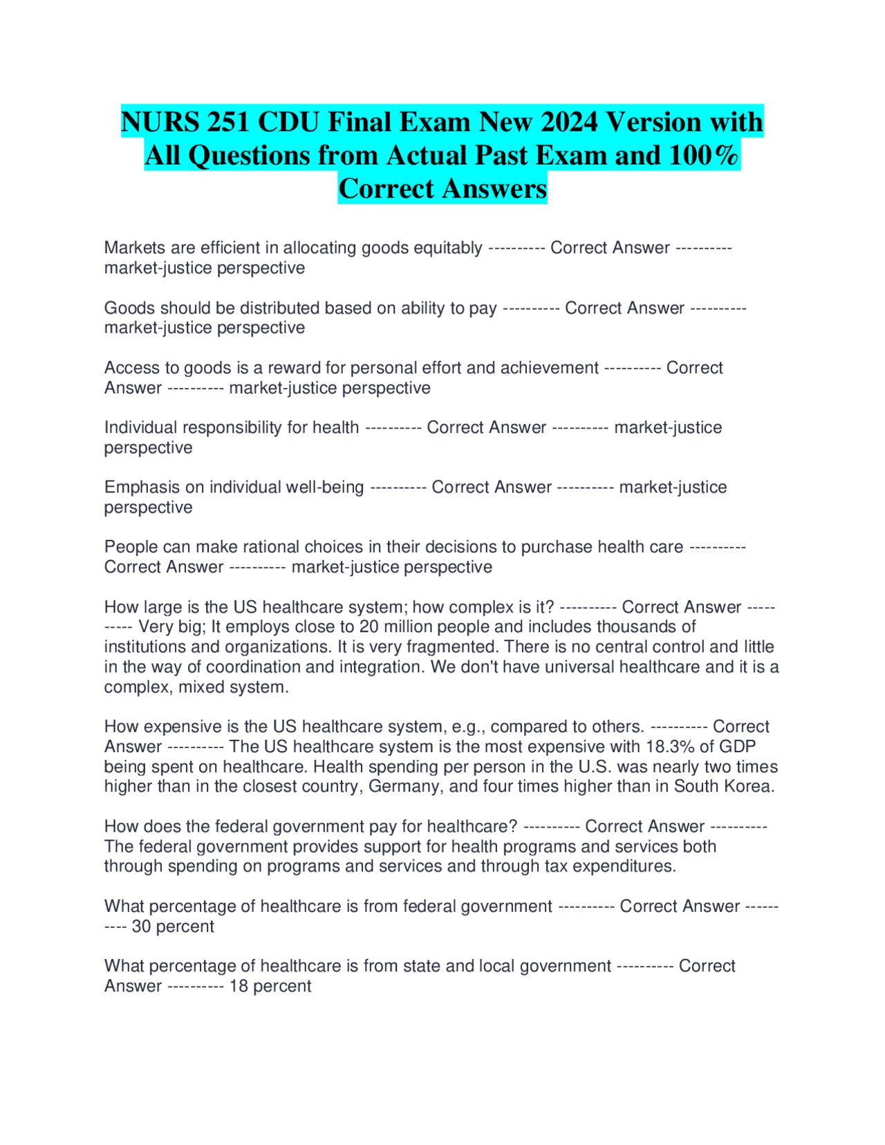 NURS 251 CDU Final Exam New 2024 Version with All Questions from Actual ...