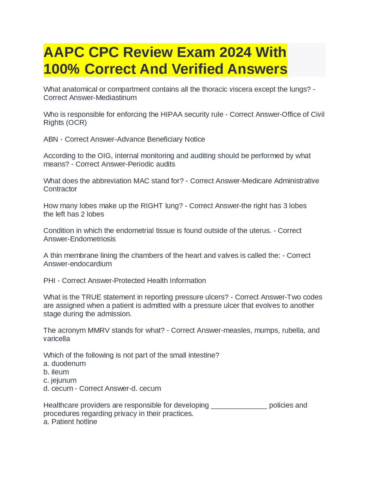 AAPC CPC Review Exam 2024 With 100% Correct And Verified Answers ...