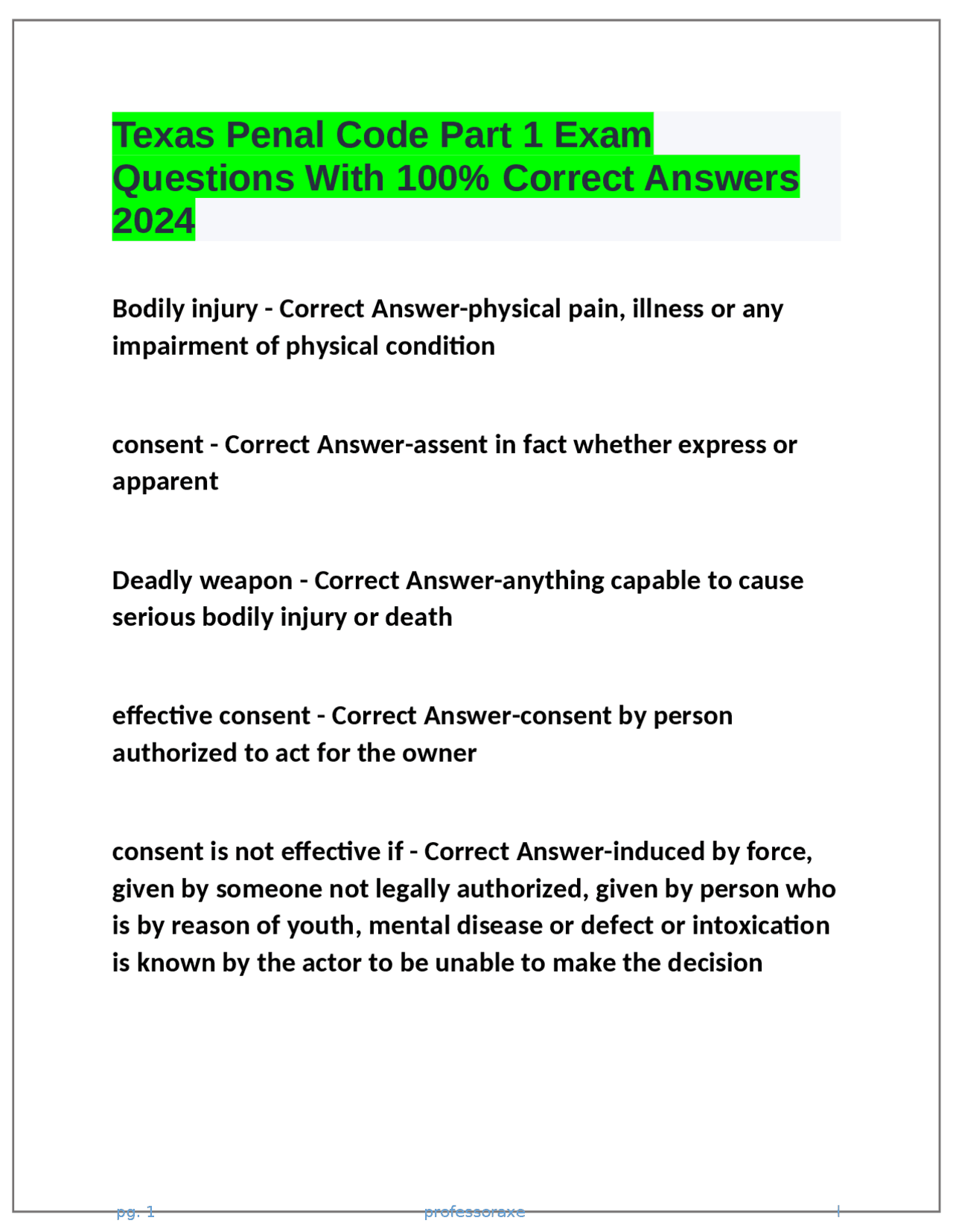 Texas Penal Code Part 1 Exam Questions With 100% Correct Answers 2024 ...