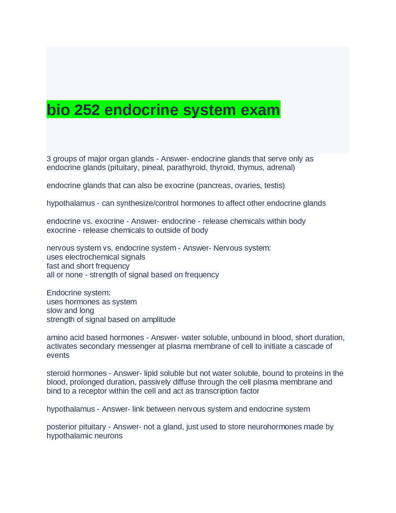 bio 252 endocrine system exam with correct Answers | Exams Nursing ...