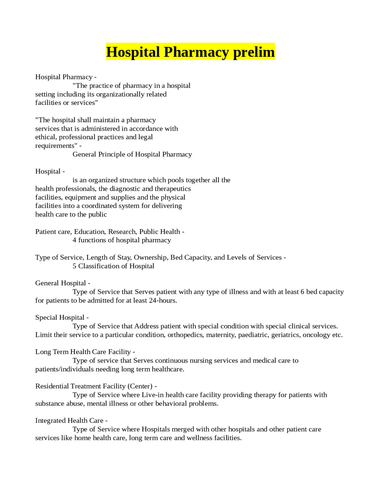 Hospital Pharmacy prelim | Exams Pharmacy | Docsity