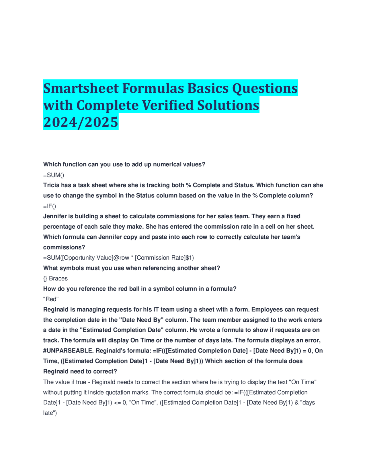 Smartsheet Formulas Basics Questions with Complete Verified Solutions ...