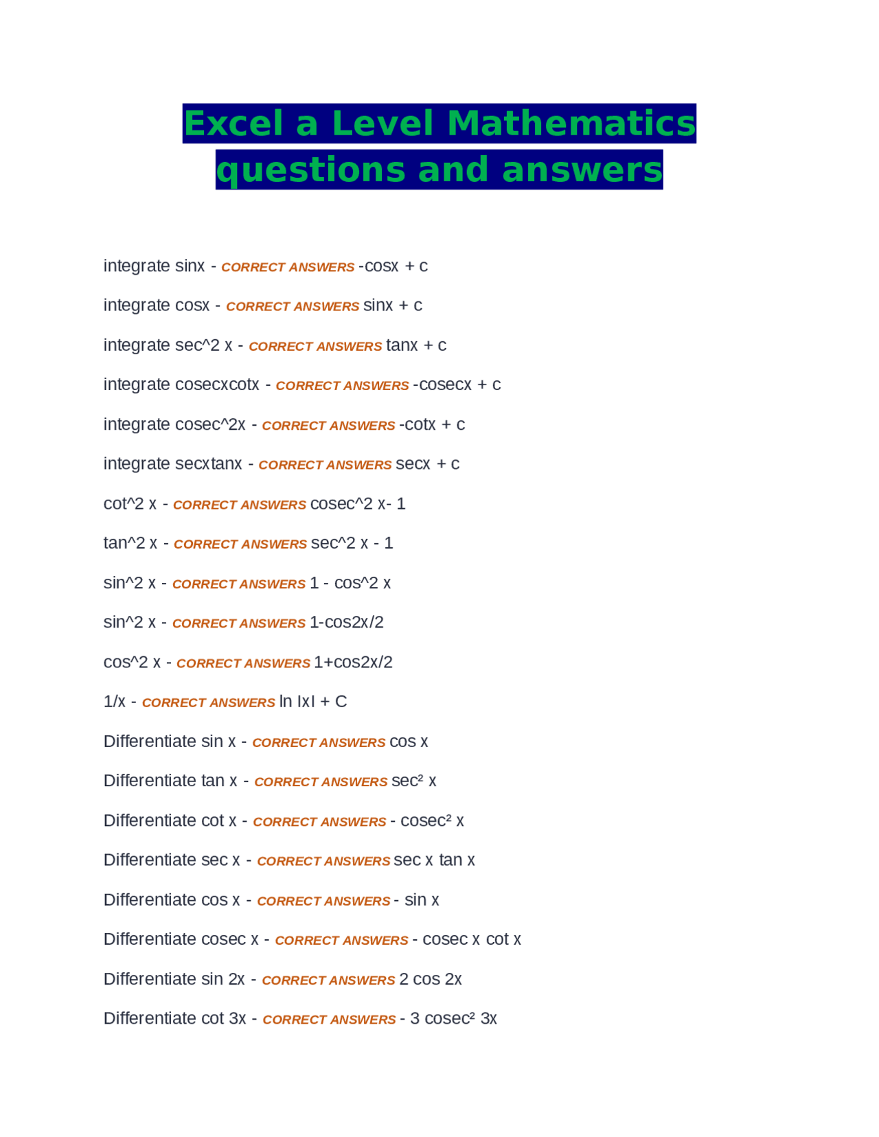 A-Level Mathematics Integration and Differentiation Formulas | Exams Mathematics | Docsity