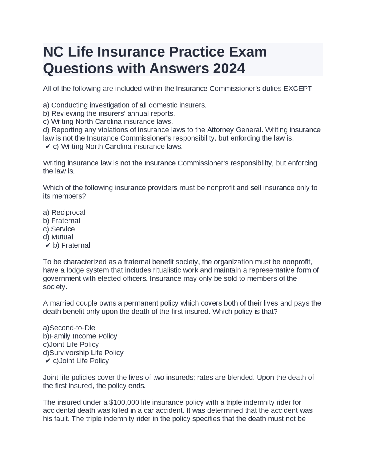 NC Life Insurance Practice Exam Questions with Answers 2024 | Exams Law ...