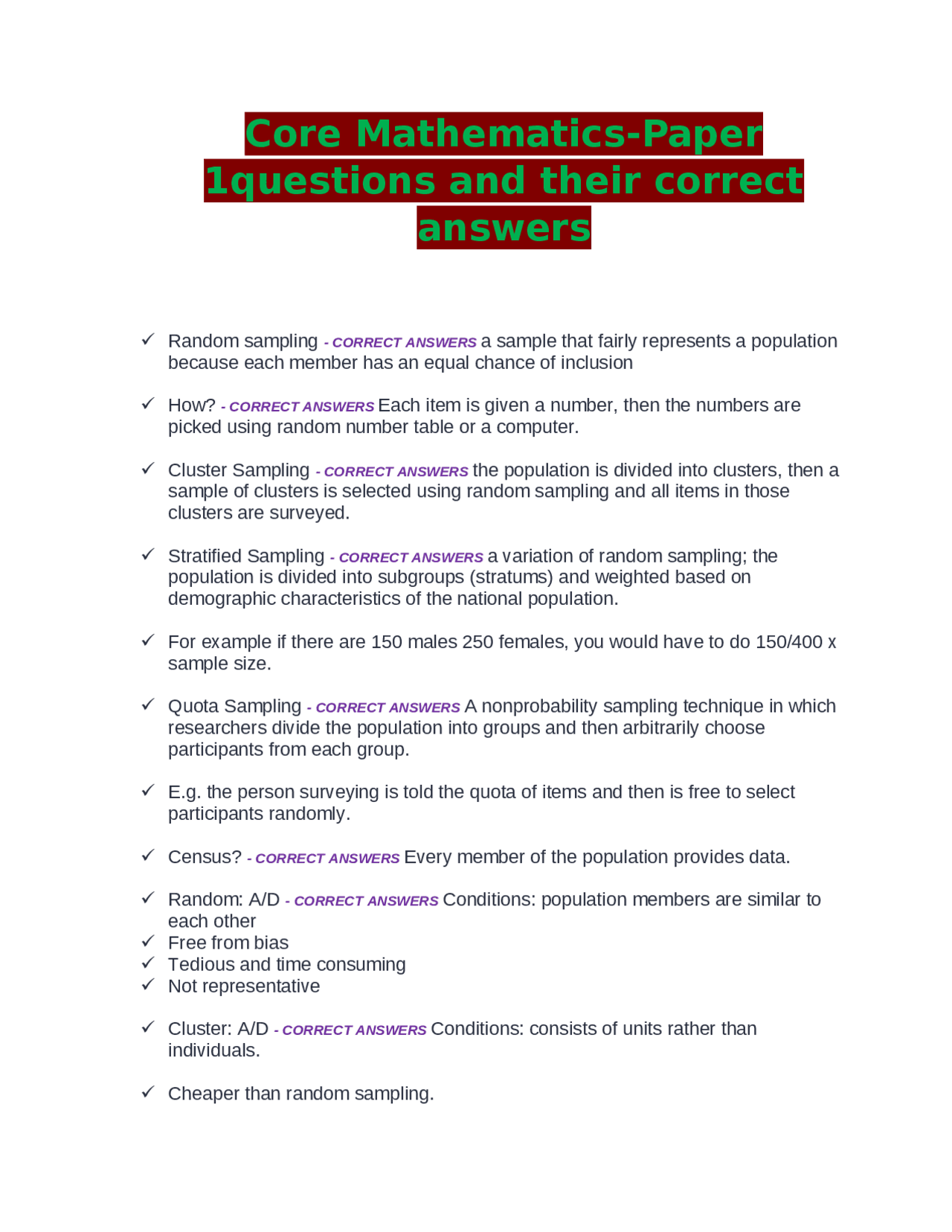 Core Mathematics-Paper 1questions and their correct answers | Exams Mathematics | Docsity