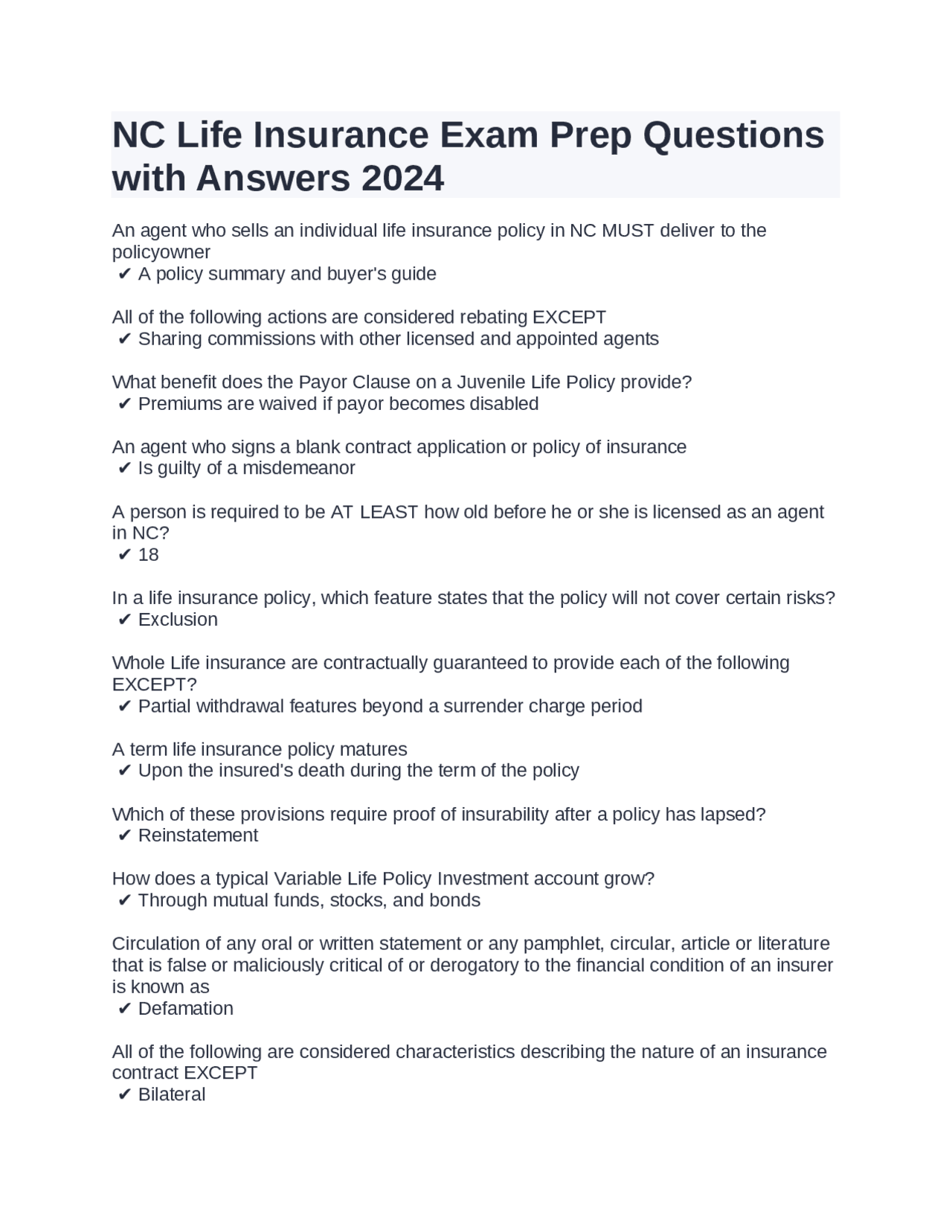 NC Life Insurance Exam Prep Questions with Answers 2024 | Exams Law ...
