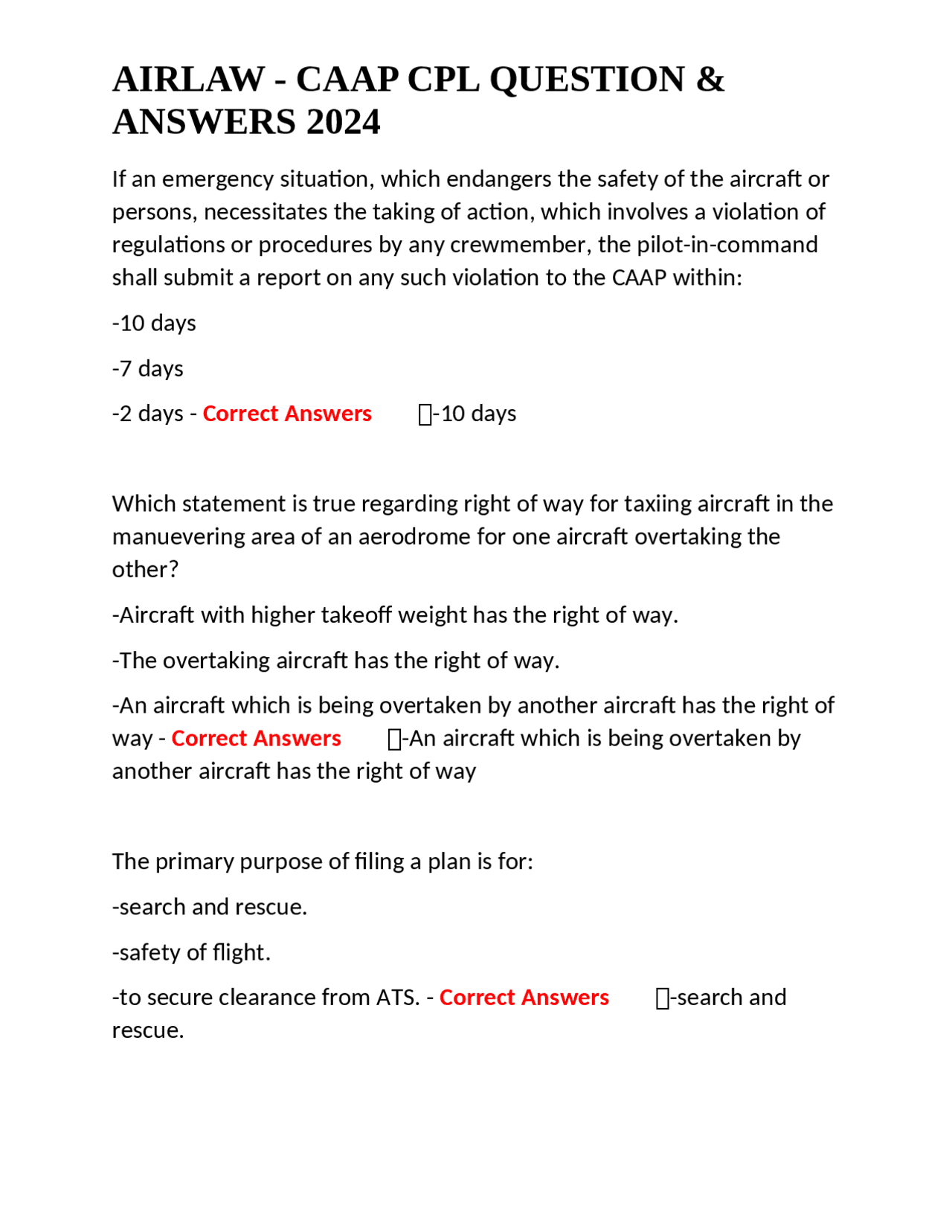 AIRLAW - CAAP CPL QUESTION & ANSWERS 2024 | Exams Nursing | Docsity