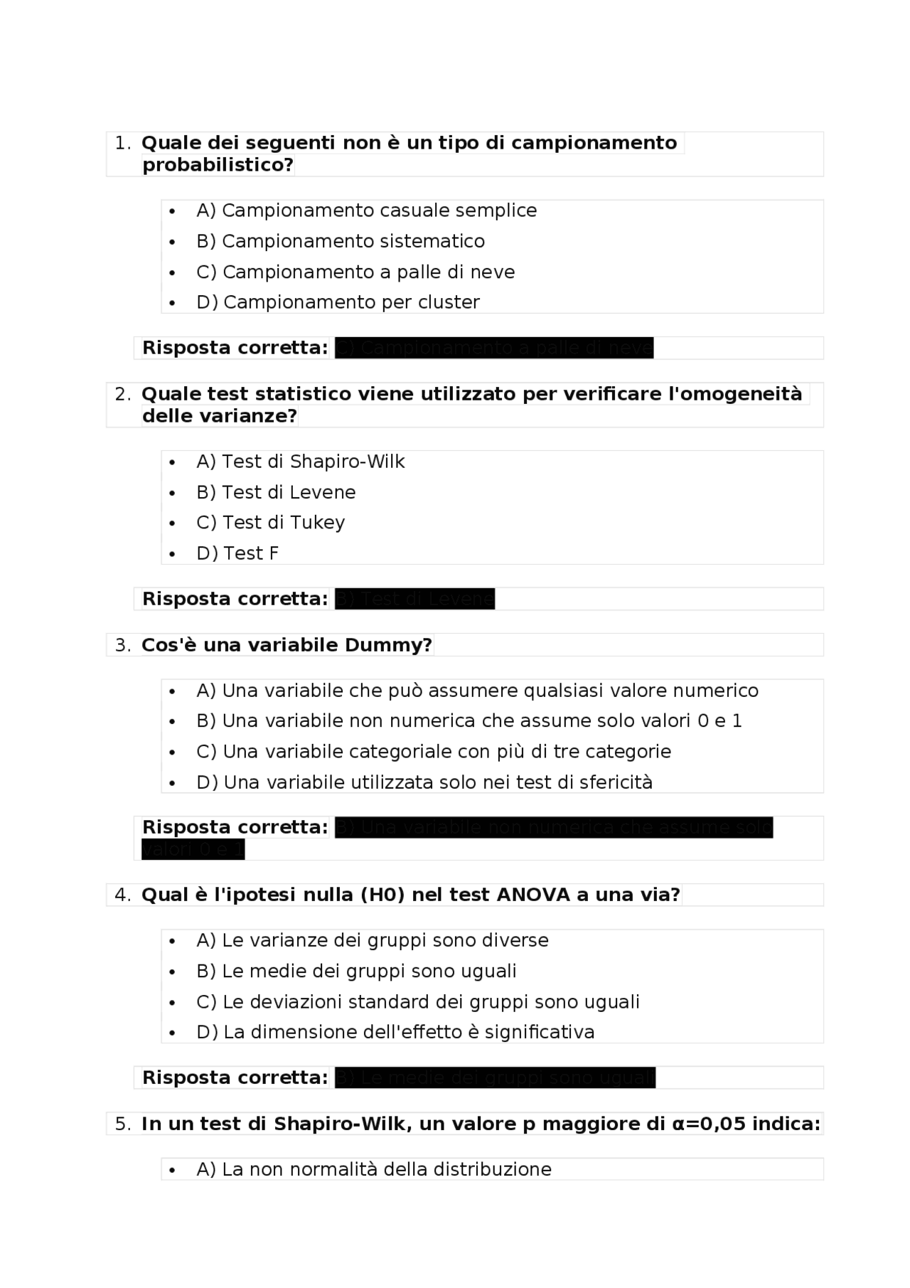 Analisi domande a crocette | Prove d'esame di Analisi Statistica | Docsity