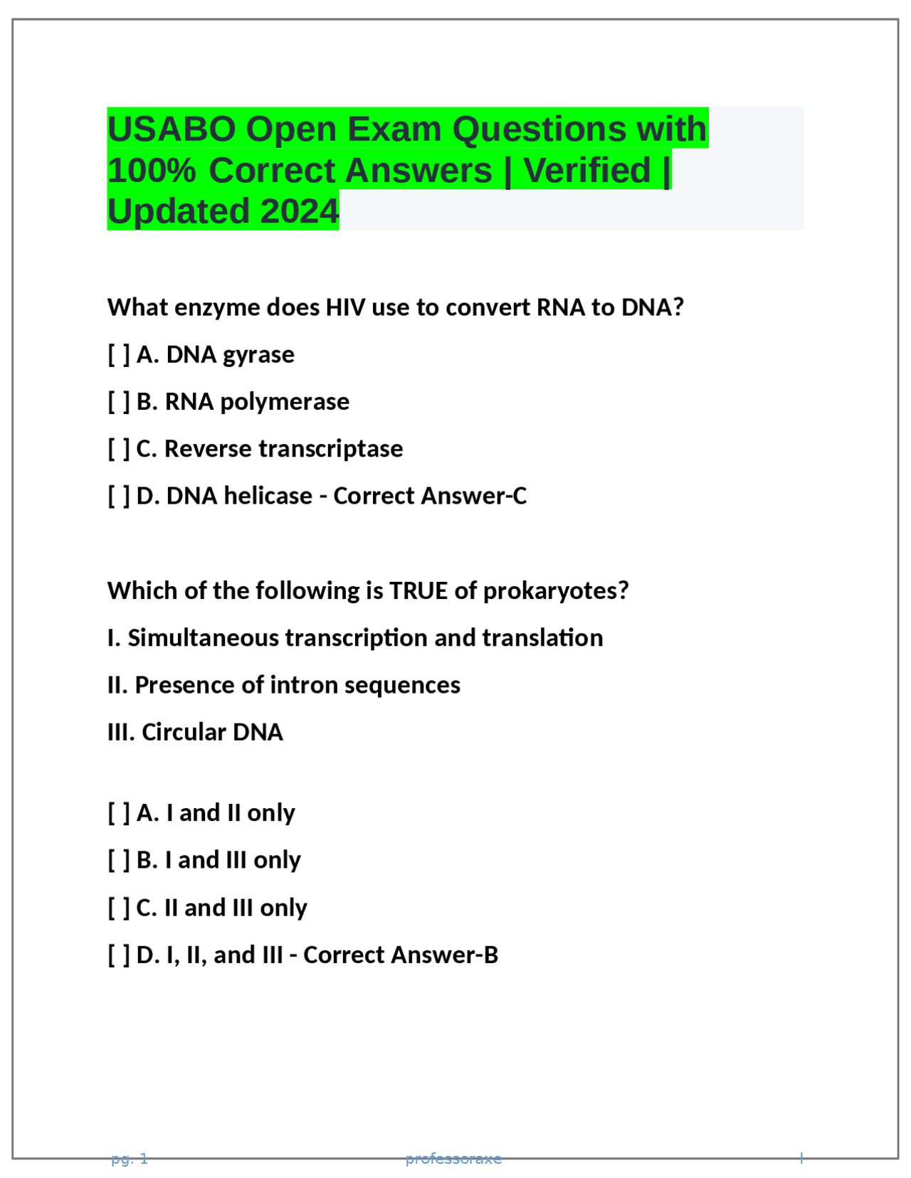 USABO Open Exam Questions with 100% Correct Answers | Verified ...