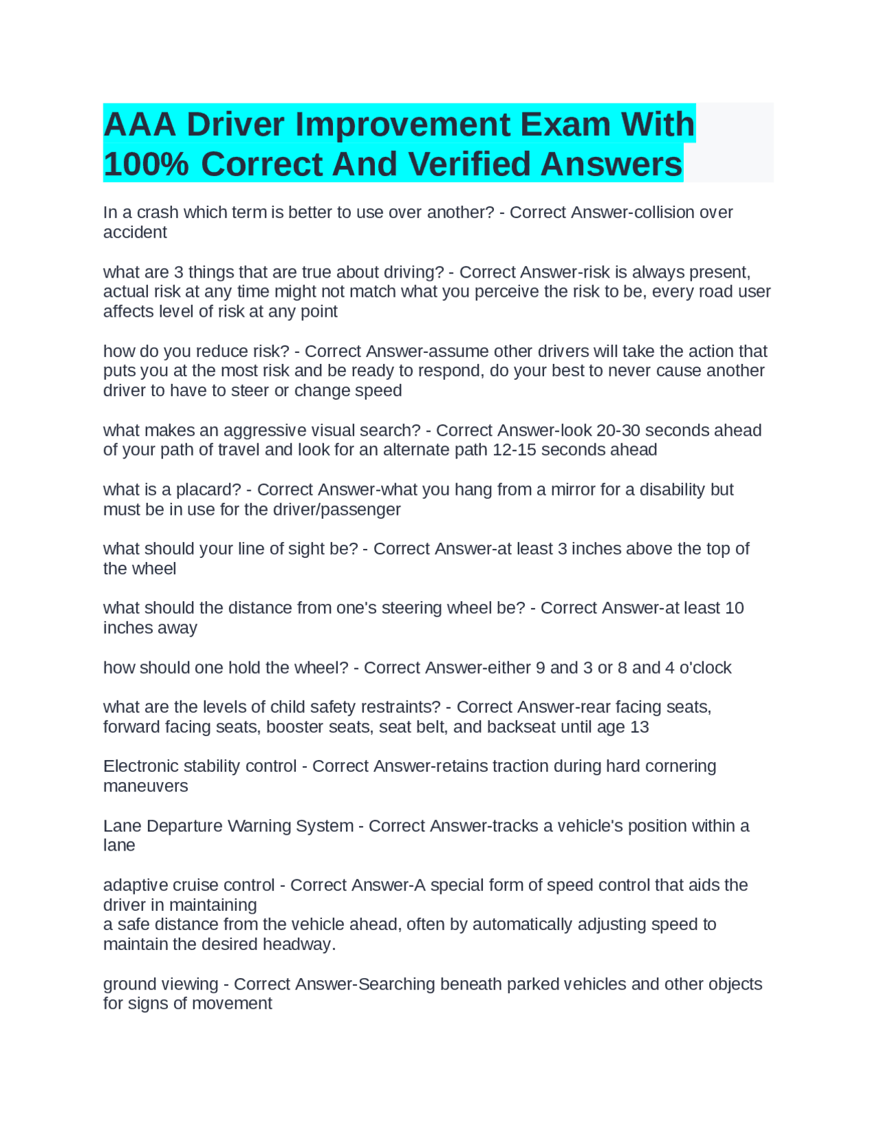 AAA Driver Improvement Exam With 100% Correct And Verified Answers ...