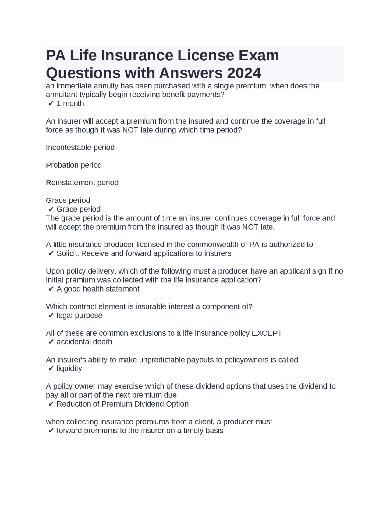 PA Life Insurance License Exam Questions with Answers 2024 | Exams Law ...