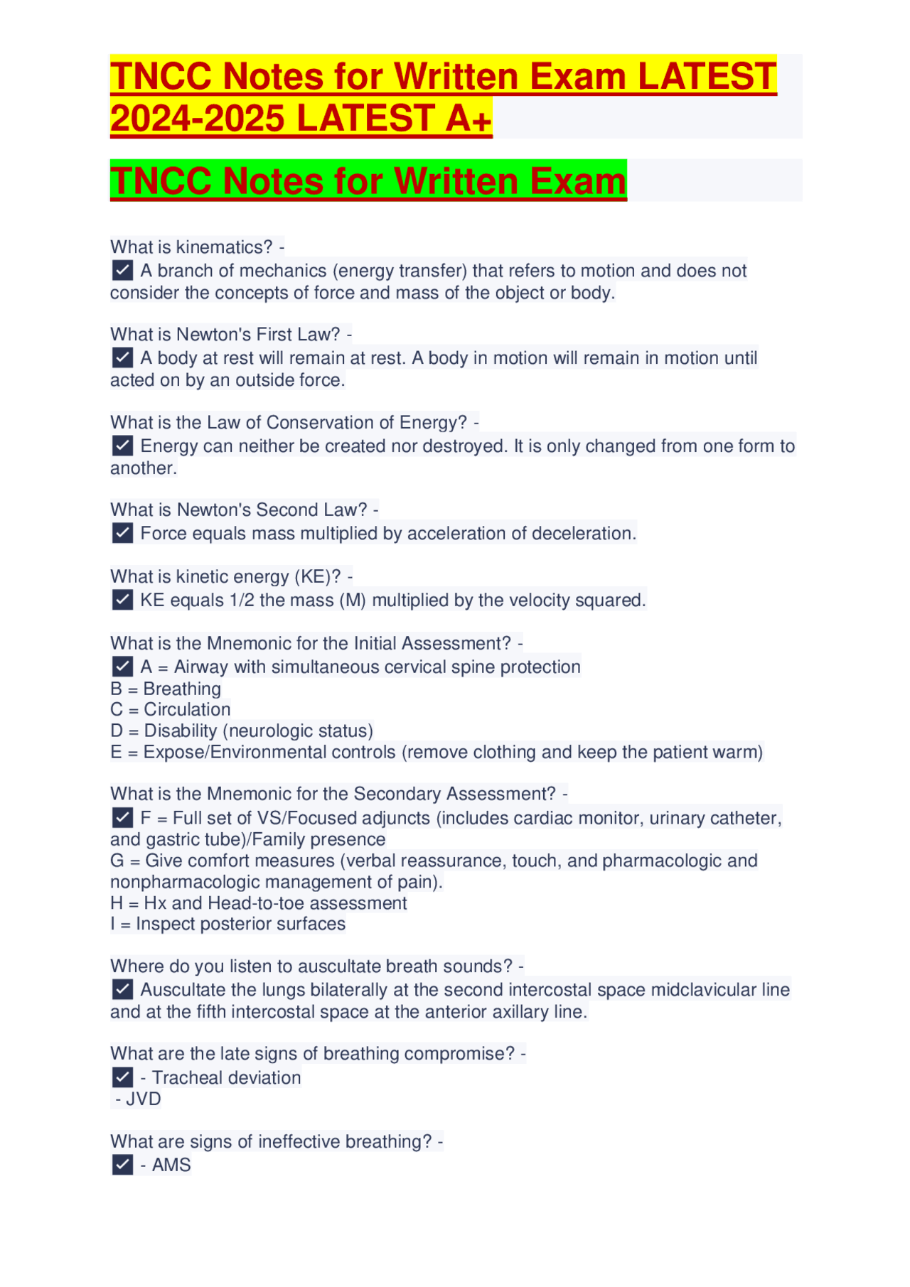 TNCC Notes for Written Exam LATEST 2024-2025 LATEST A+.pdf | Exams ...