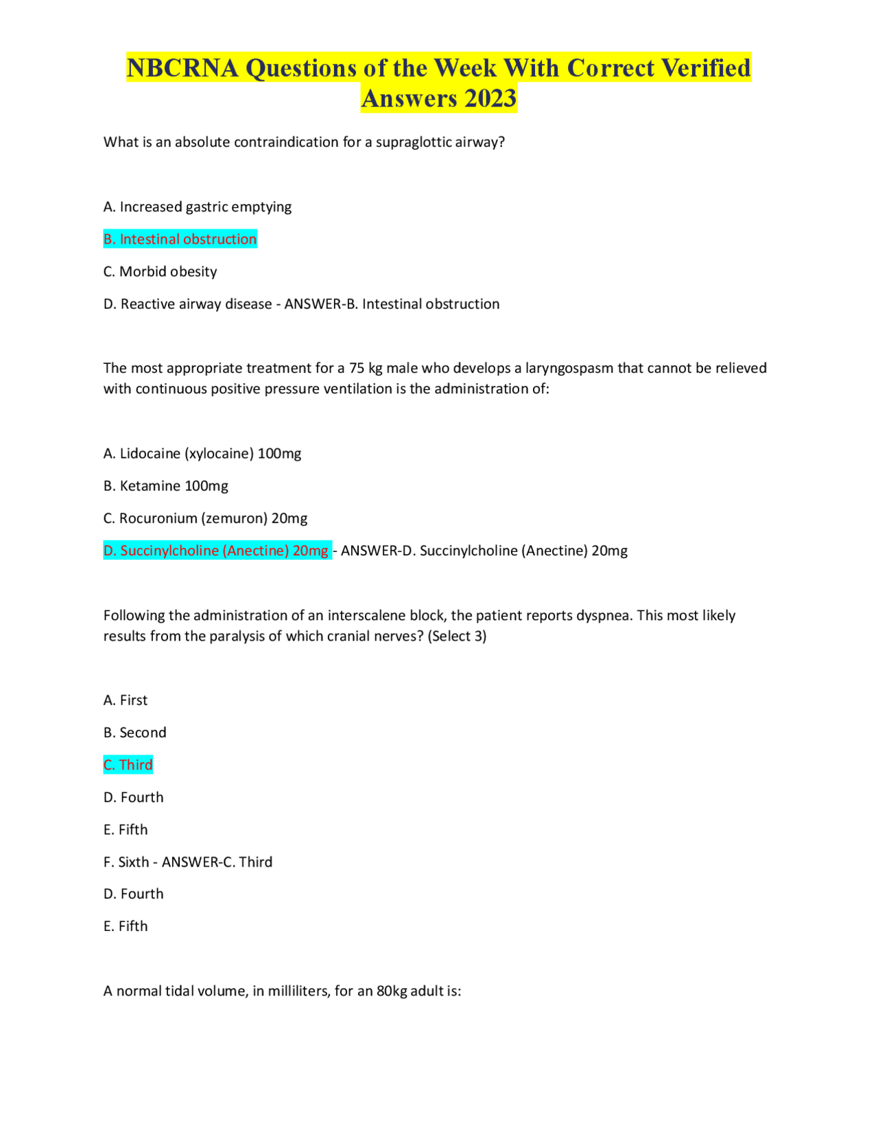 NBCRNA Questions of the Week With Correct Verified Answers 2023 | Exams ...