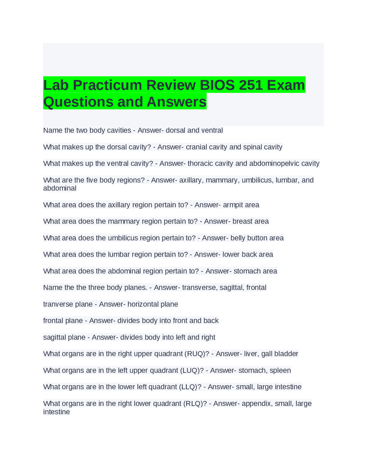 Lab Practicum Review BIOS 251 Exam Questions and Answers | Exams Nursing | Docsity