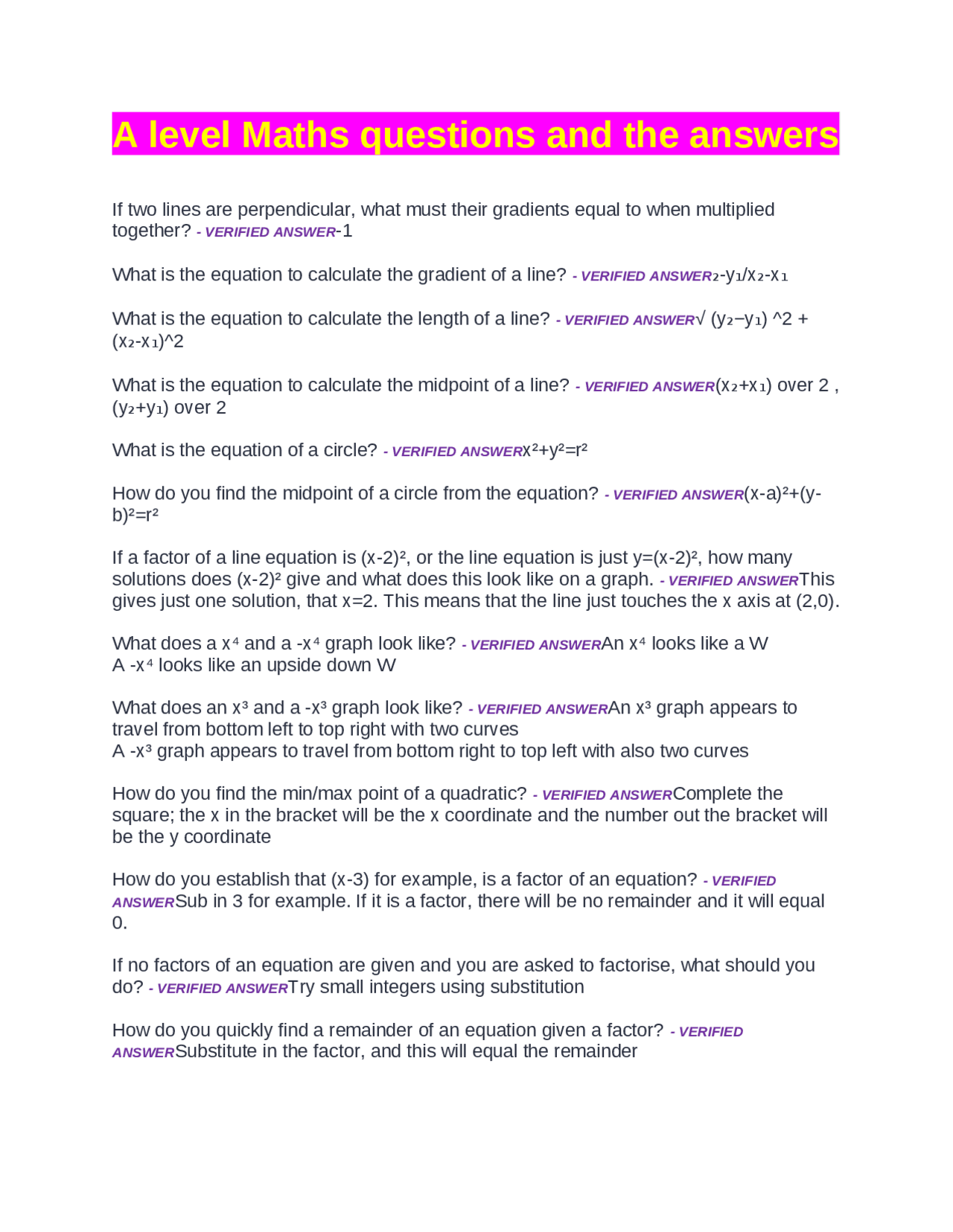 A level Maths questions and the answers | Exams Mathematics | Docsity