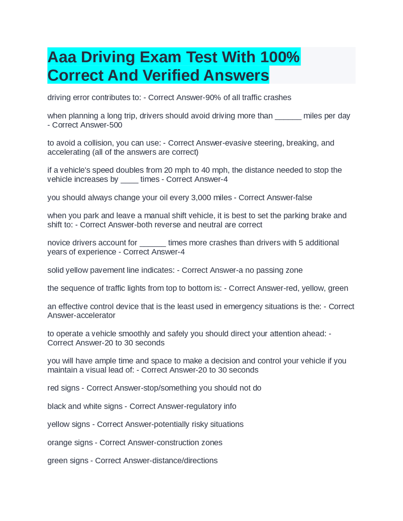 Aaa Driving Exam Test With 100% Correct And Verified Answers | Exams ...