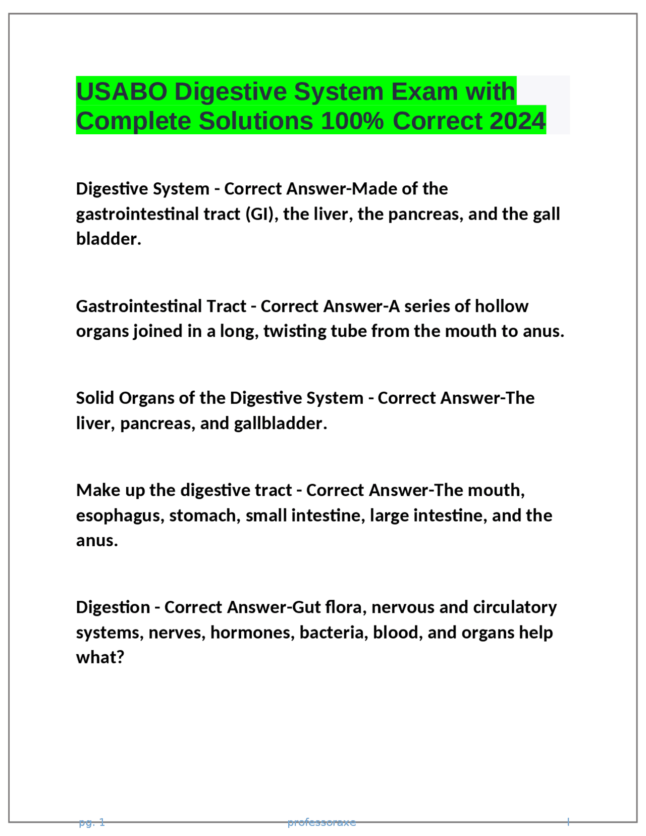 USABO Digestive System Exam with Complete Solutions 100% Correct 2024 ...