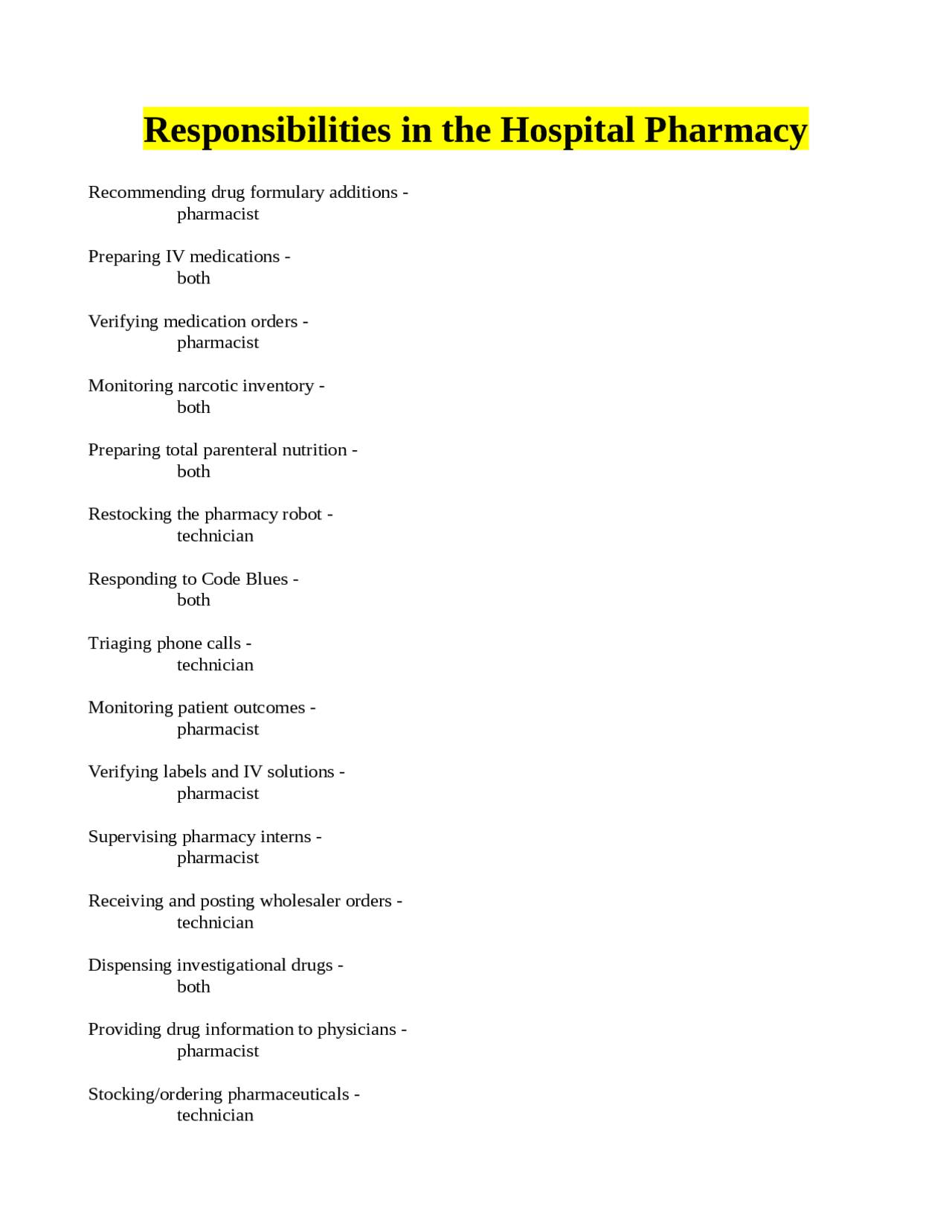Responsibilities in the Hospital Pharmacy. | Exams Pharmacy | Docsity