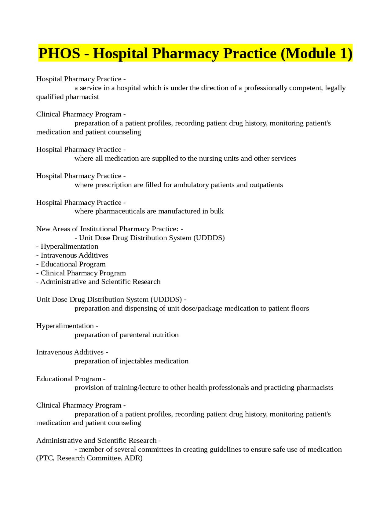 PHOS - Hospital Pharmacy Practice (Module 1) | Exams Pharmacy | Docsity
