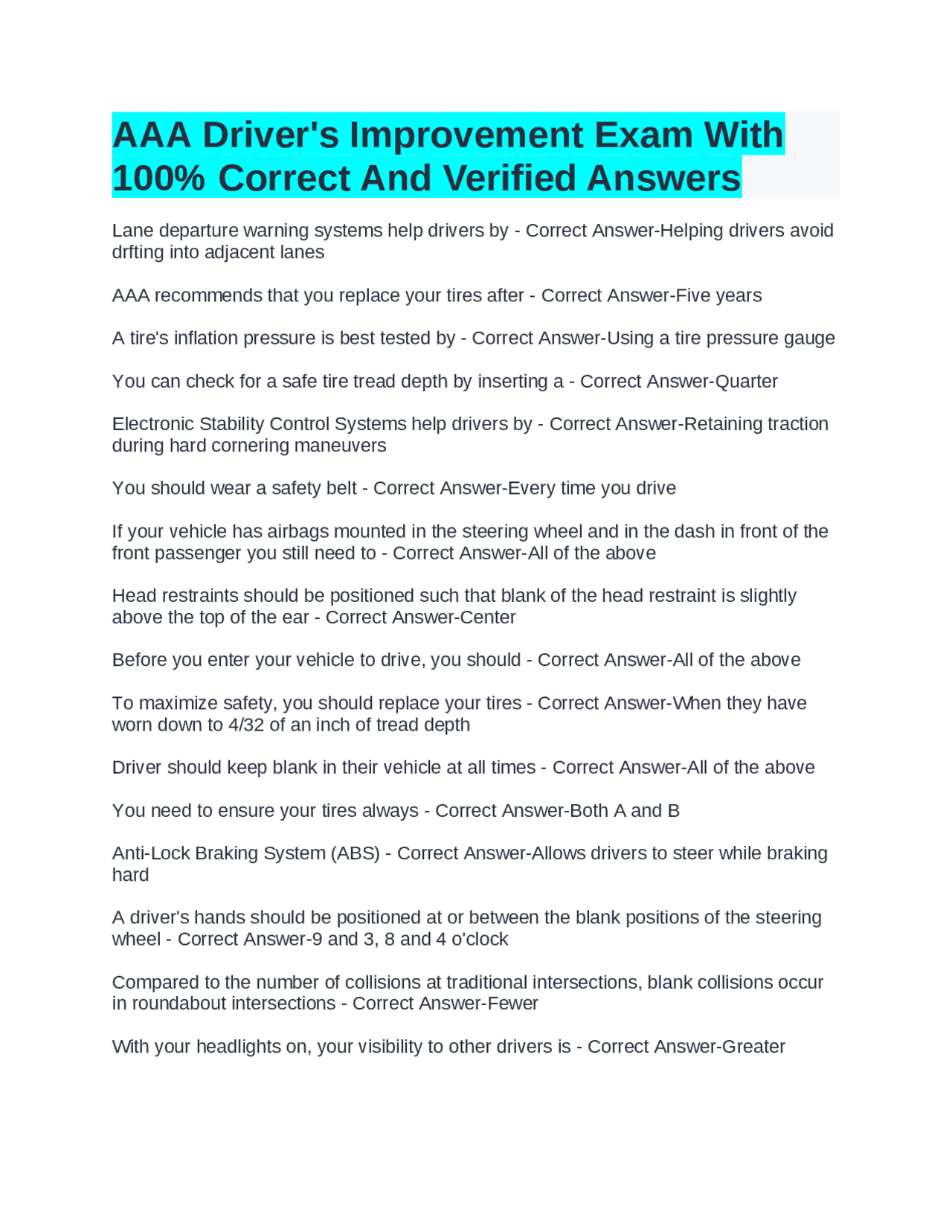 AAA Driver's Improvement Exam With 100% Correct And Verified Answers ...