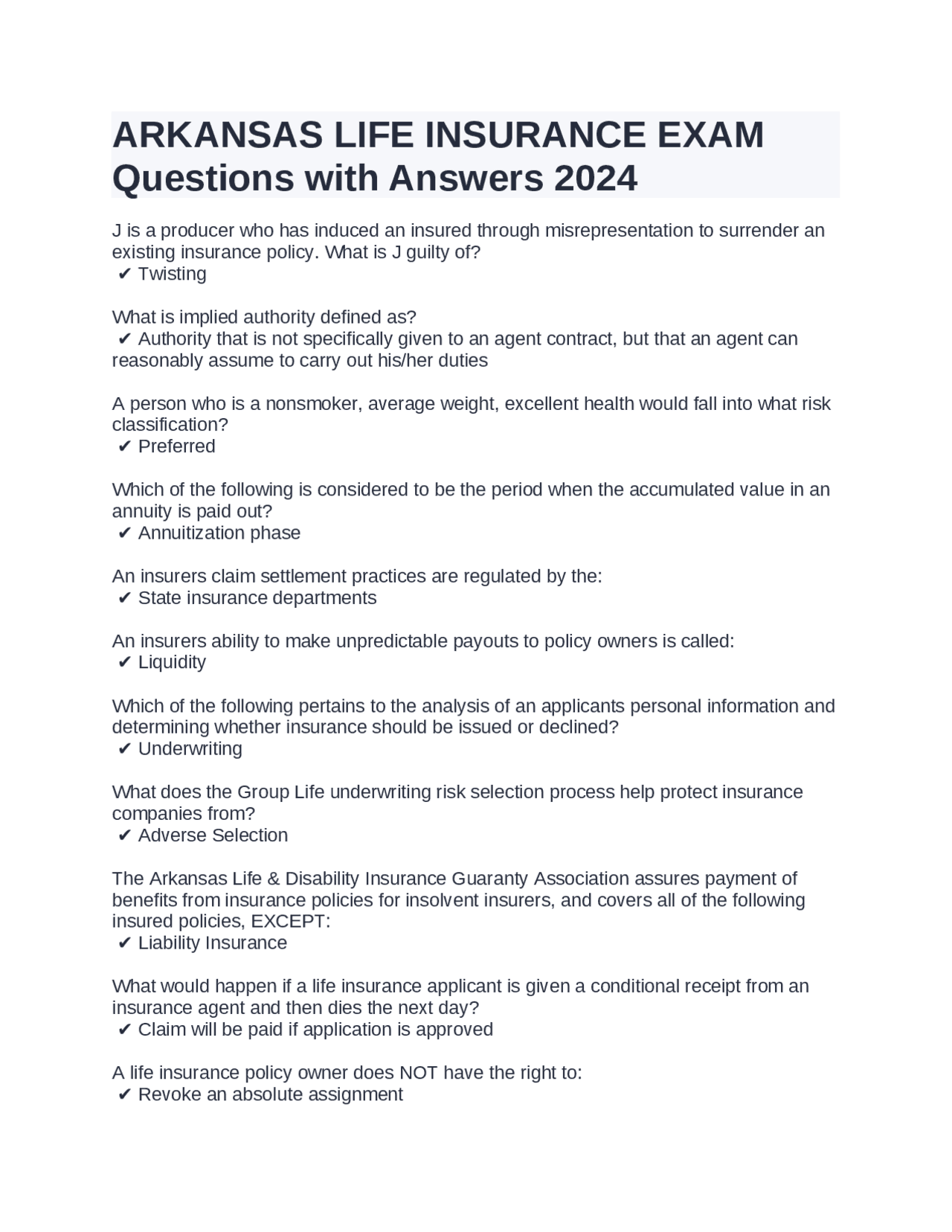 ARKANSAS LIFE INSURANCE EXAM Questions with Answers 2024 | Exams Law ...