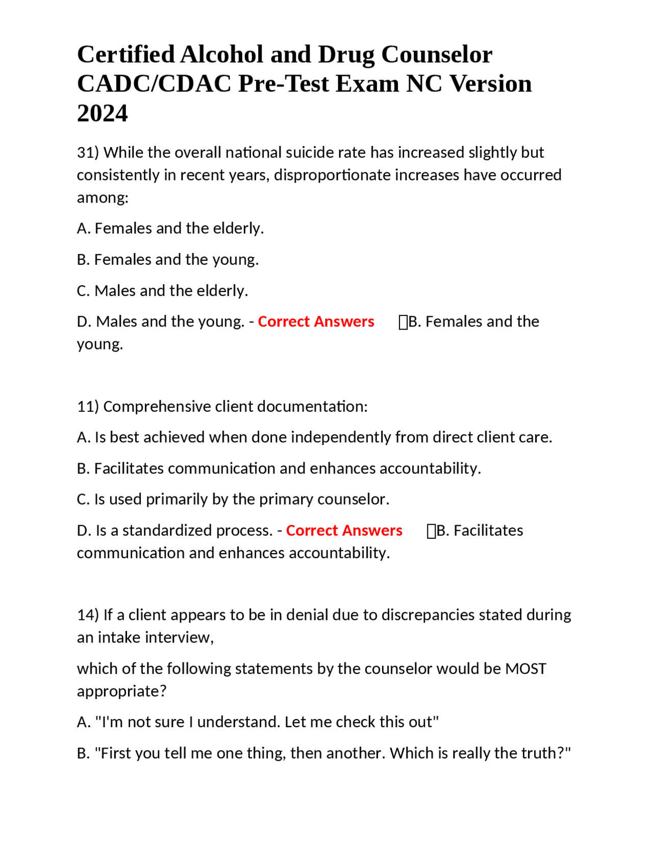 Certified Alcohol and Drug Counselor CADC/CDAC Pre-Test Exam NC Version ...