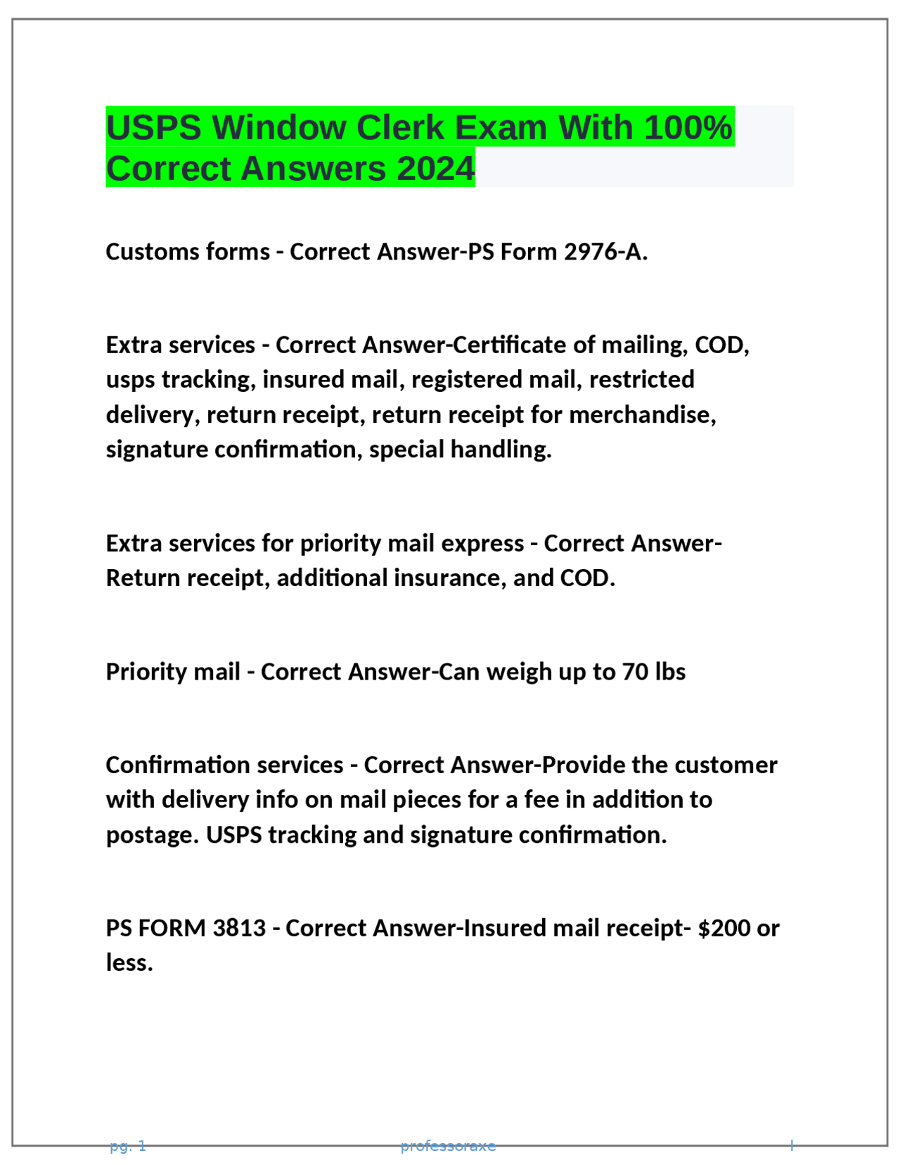 USPS Window Clerk Exam With 100% Correct Answers 2024 | Exams Advanced ...