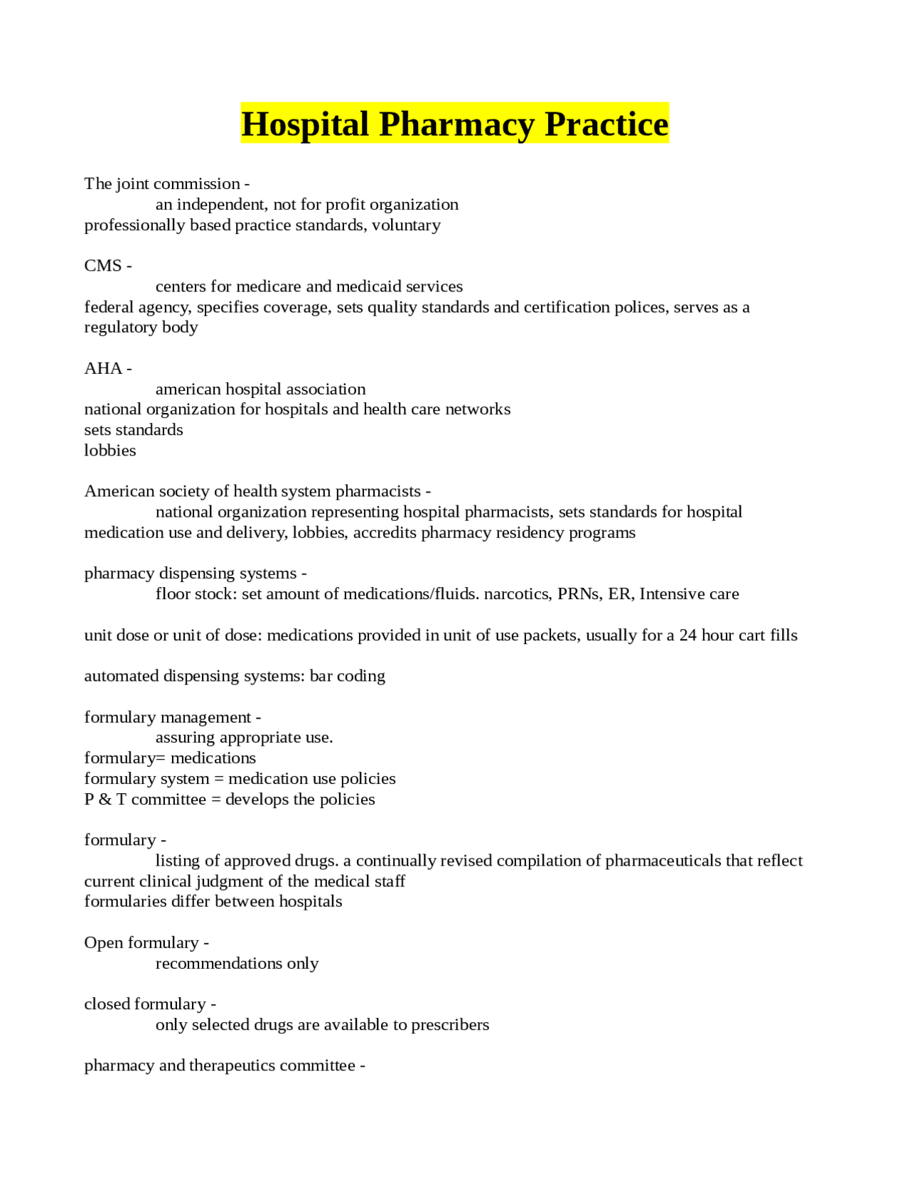 Hospital Pharmacy Practice. | Exams Pharmacy | Docsity