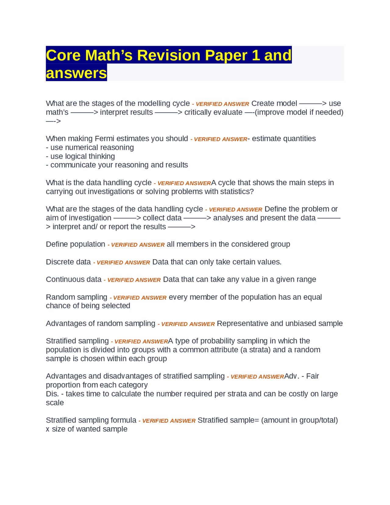 Core Math’s Revision Paper 1 and answers | Exams Mathematics | Docsity