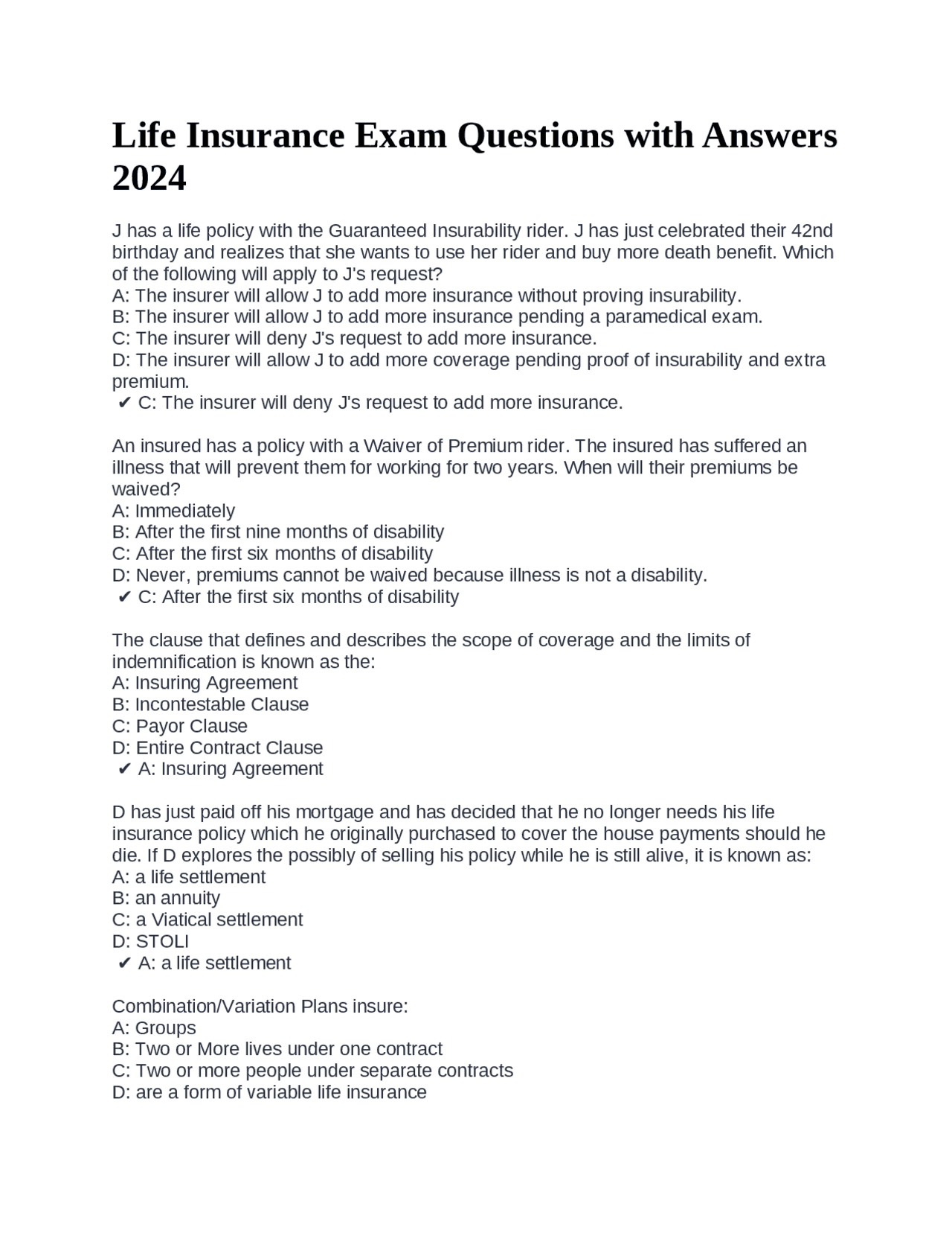 Life Insurance Exam Questions with Answers 2024 | Exams Law | Docsity